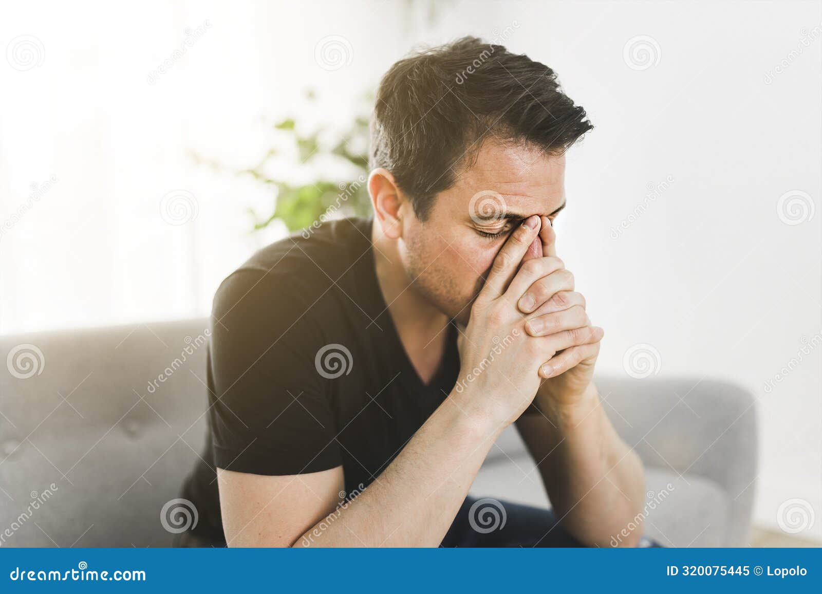 Depressed Man Thinking at Home on Couch Stock Image - Image of lonely ...