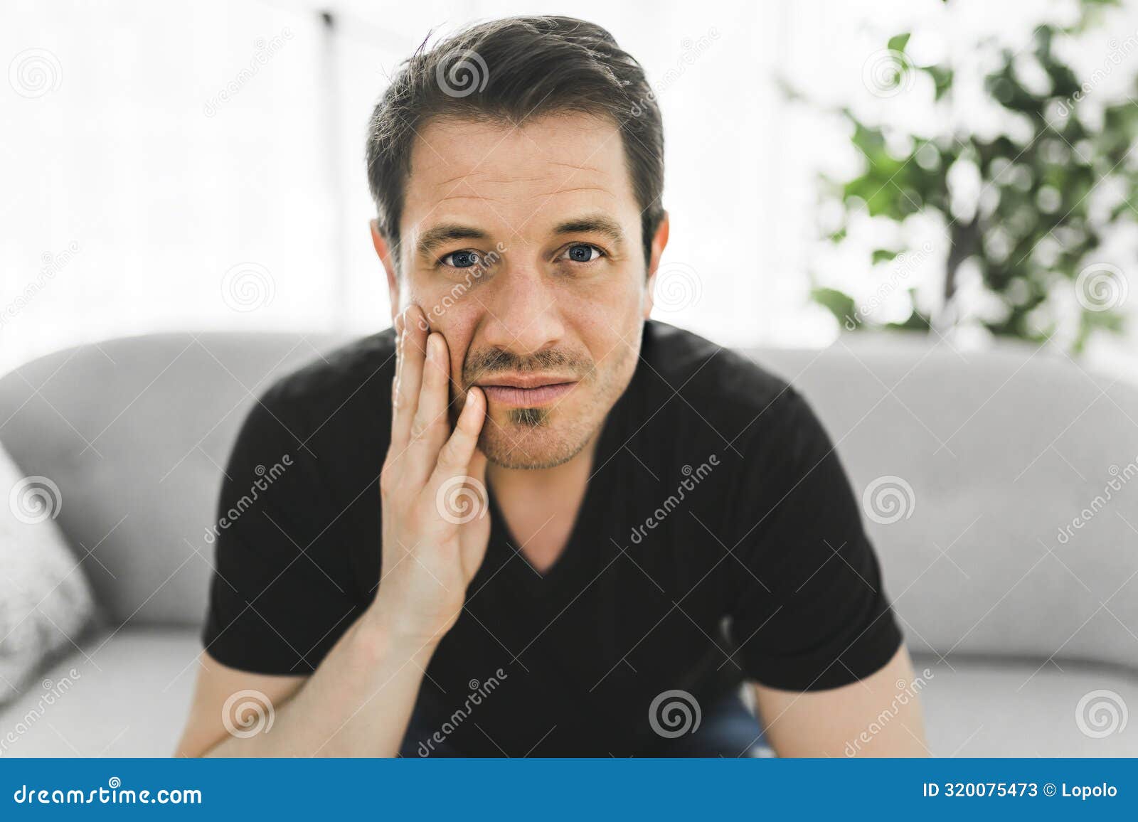 Depressed Man Thinking at Home on Couch Stock Image - Image of unhappy ...