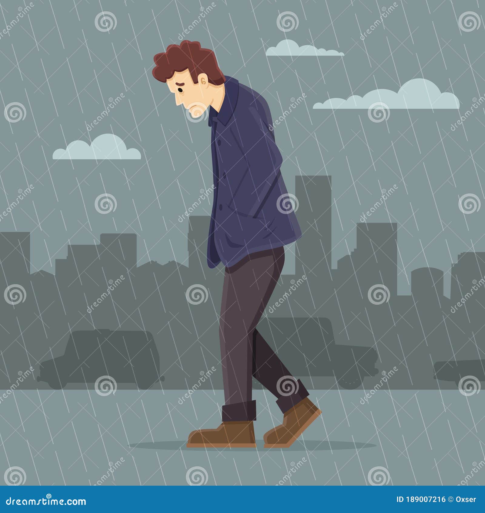 Sad Man Walking In The Rain