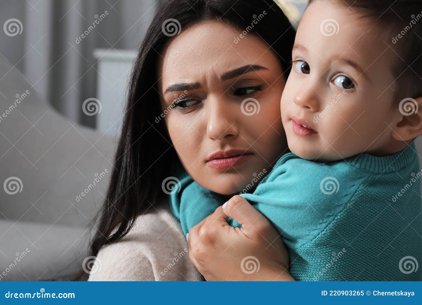 Depressed Mother with Child at Home, Closeup Stock Image - Image of ...