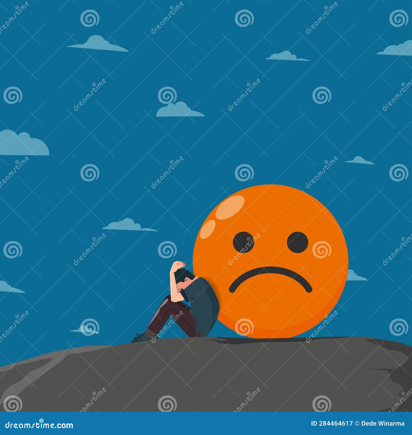 Depressed Sad Man with Sad Emoticon on the Top of Cliff. Thinking Over ...