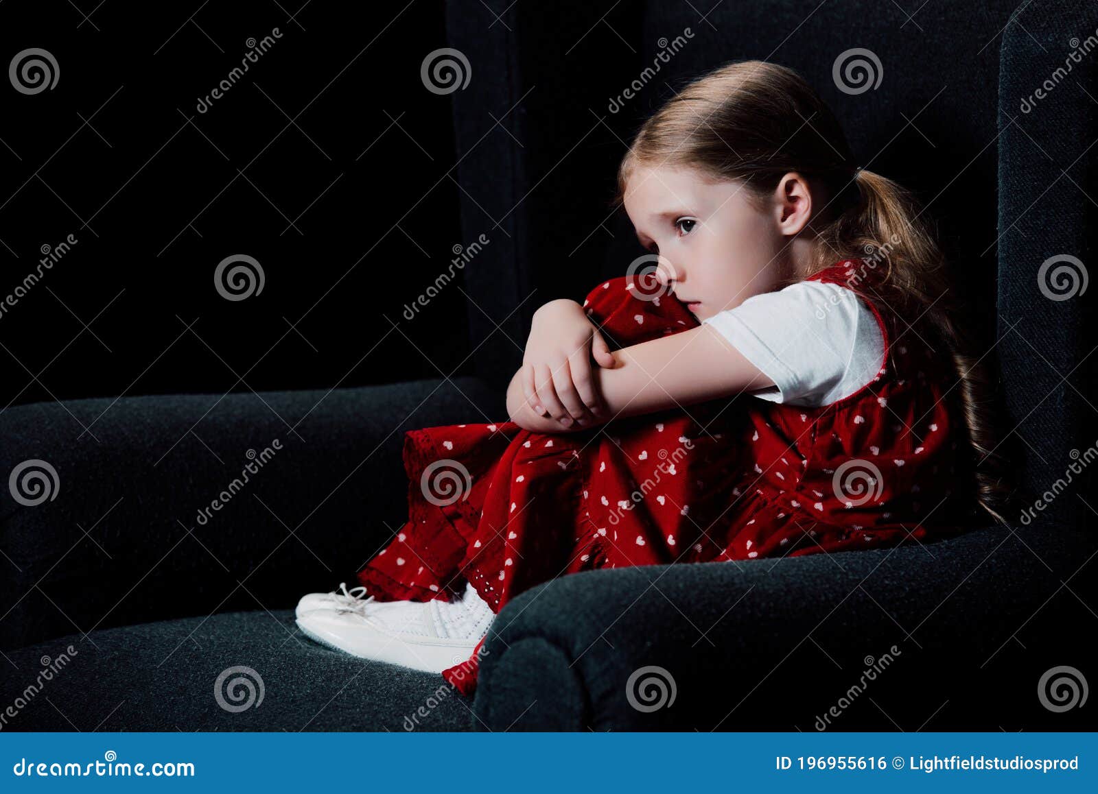 Depressed, Scared Child Sitting in Armchair Stock Photo - Image of ...