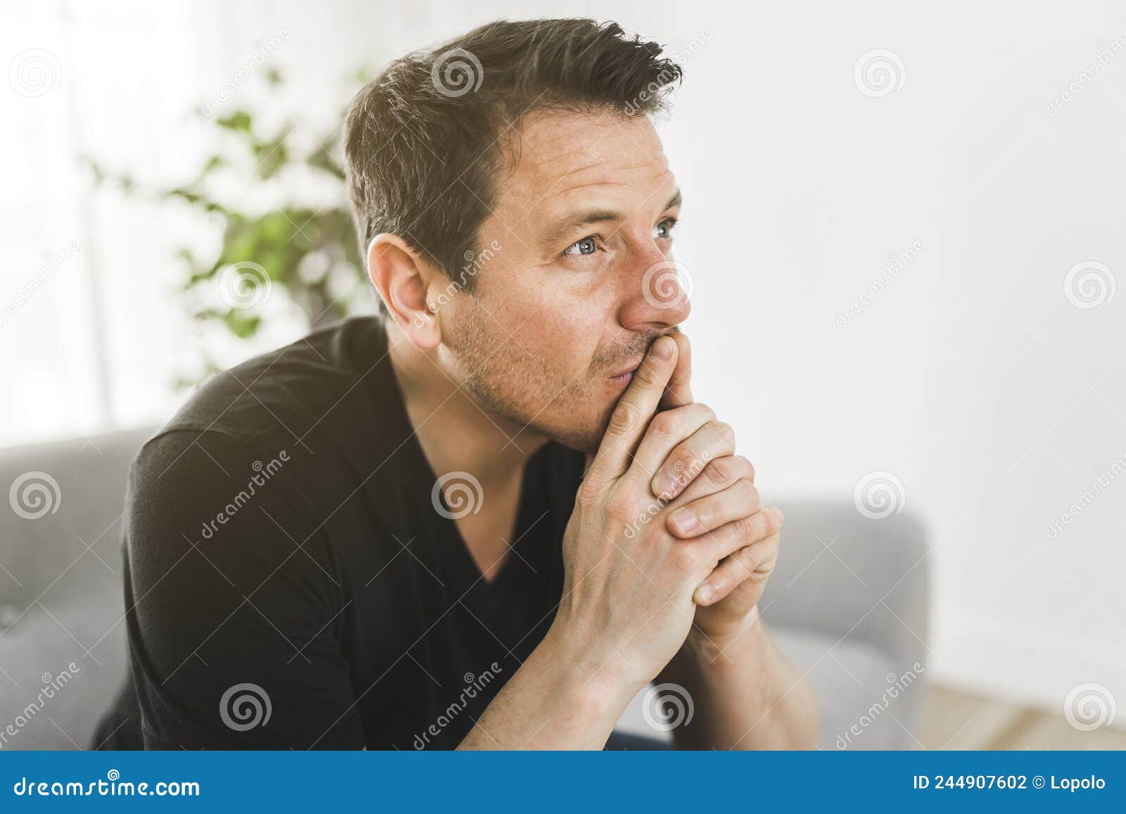 Depressed and Thinking Man Thinking at Home on Couch Stock Photo ...