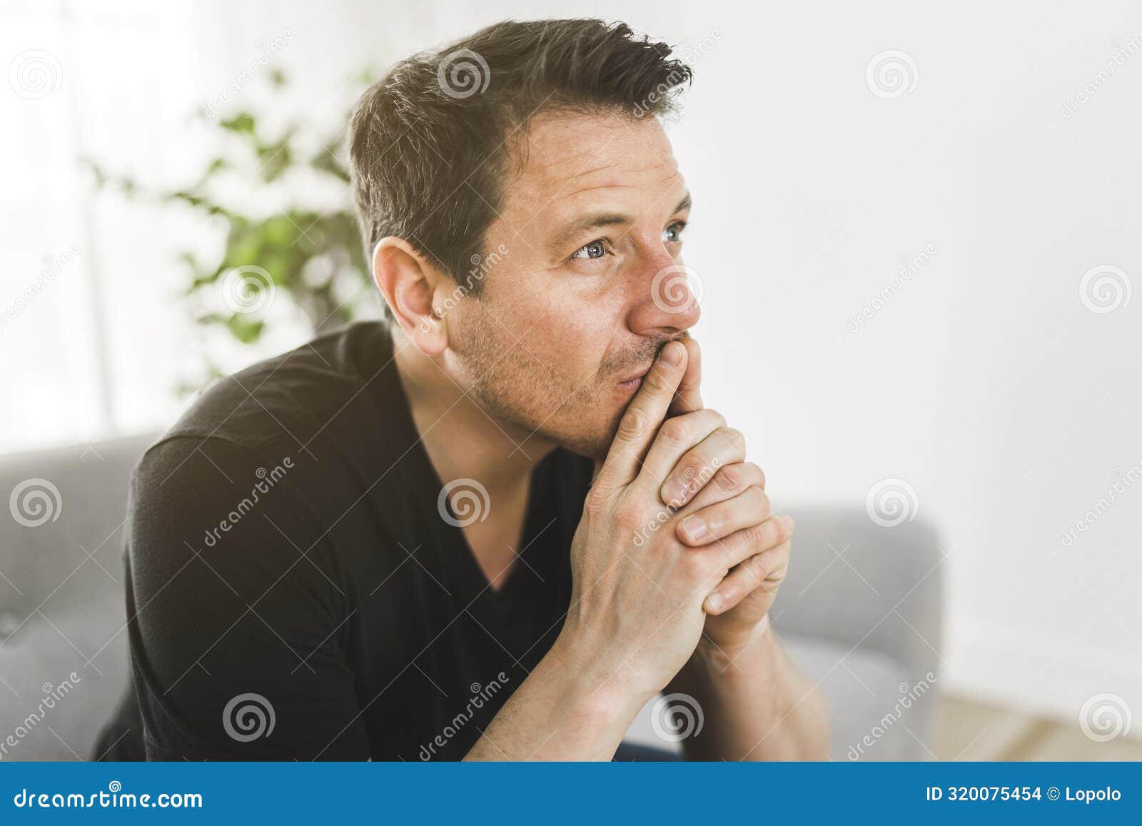 Depressed and Thinking Man Thinking at Home on Couch Stock Photo ...