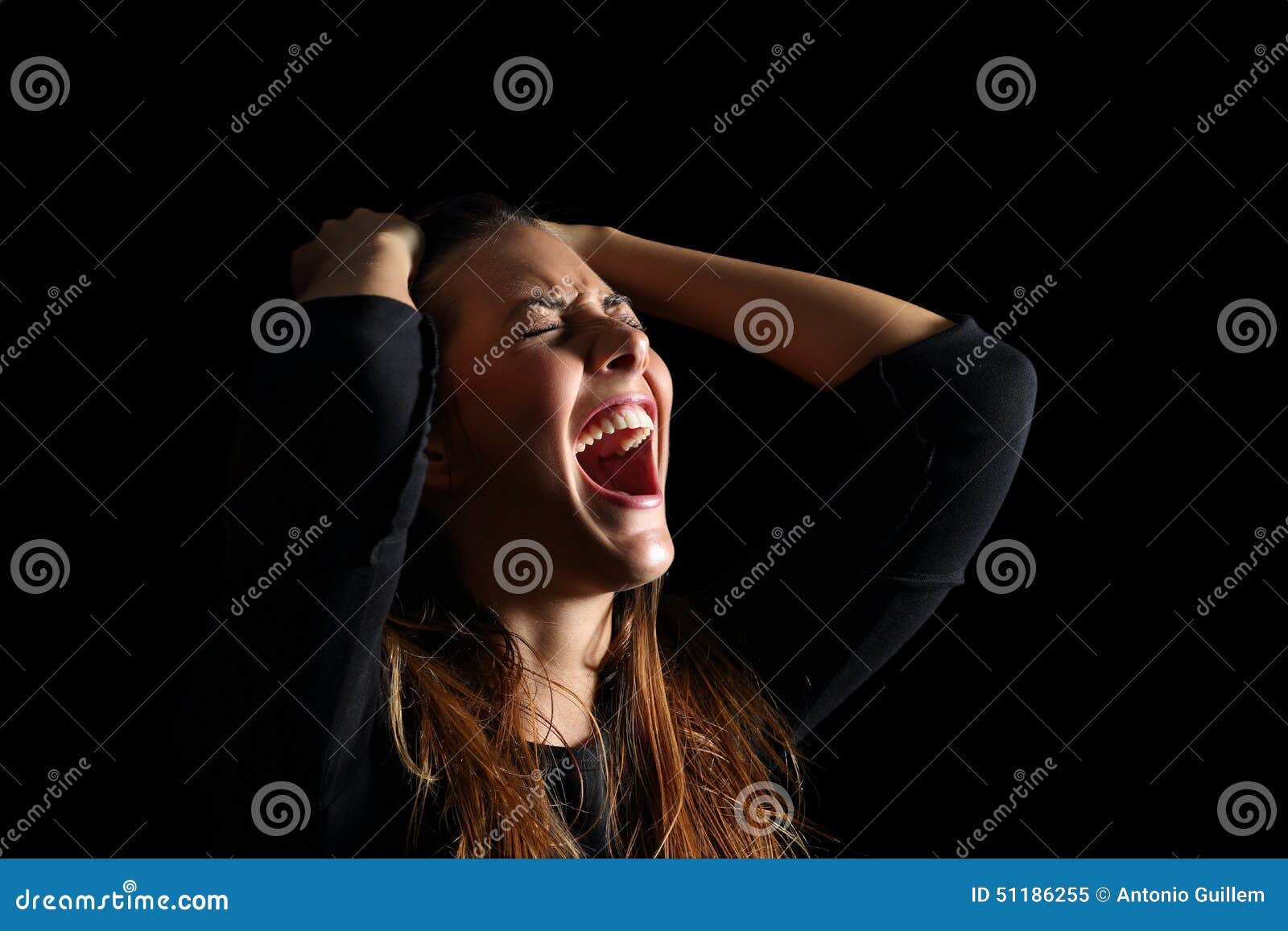 Depressed Woman Crying and Shouting Desperate in Black Stock Image ...