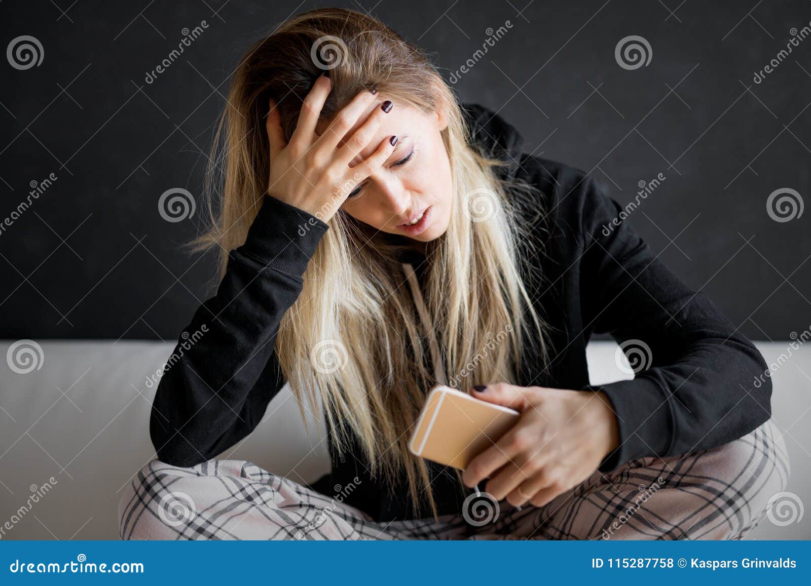 Depressed Woman Looking at Mobile Phone Stock Photo - Image of chat ...