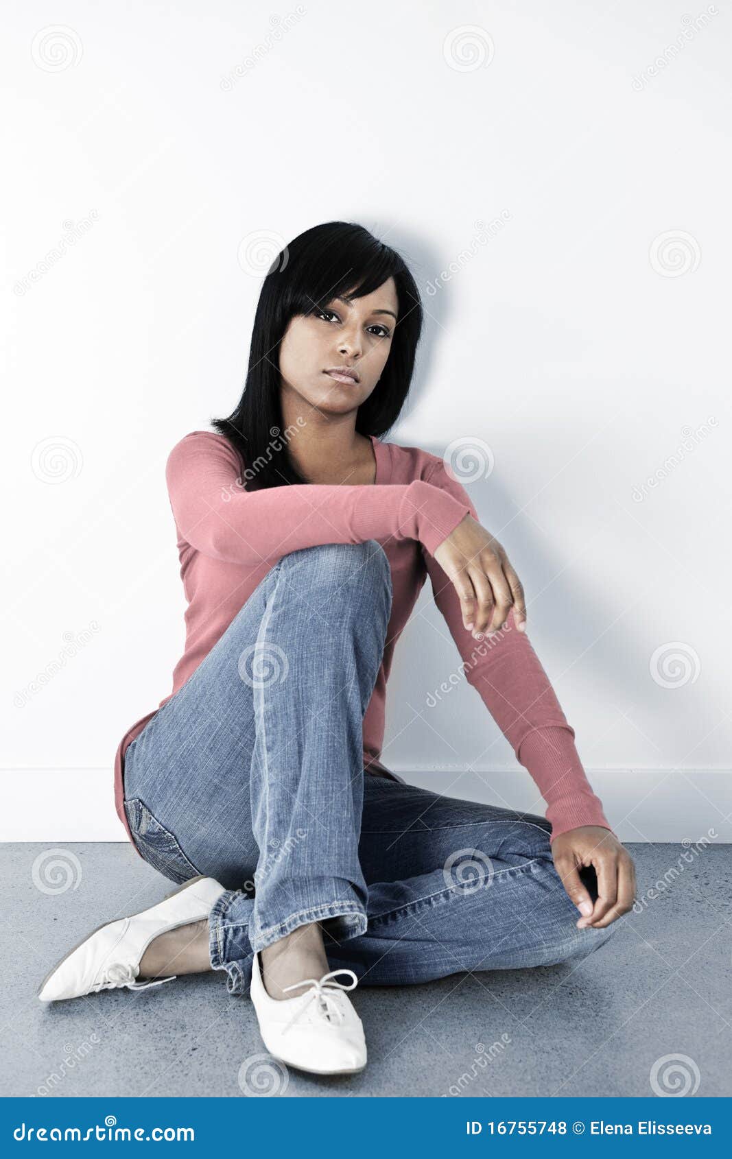 Depressed Woman Sitting on the Floor Stock Photo - Image of american ...
