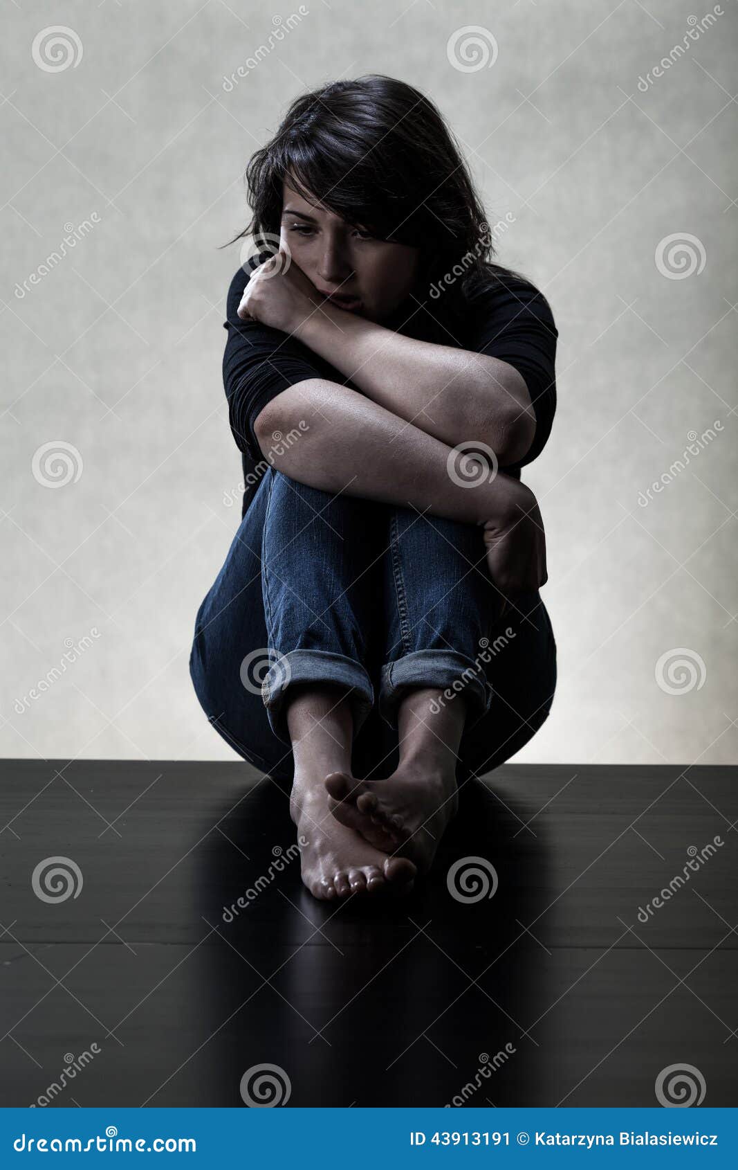 Depressed Woman Sitting on the Floor Stock Image - Image of girl, hand ...