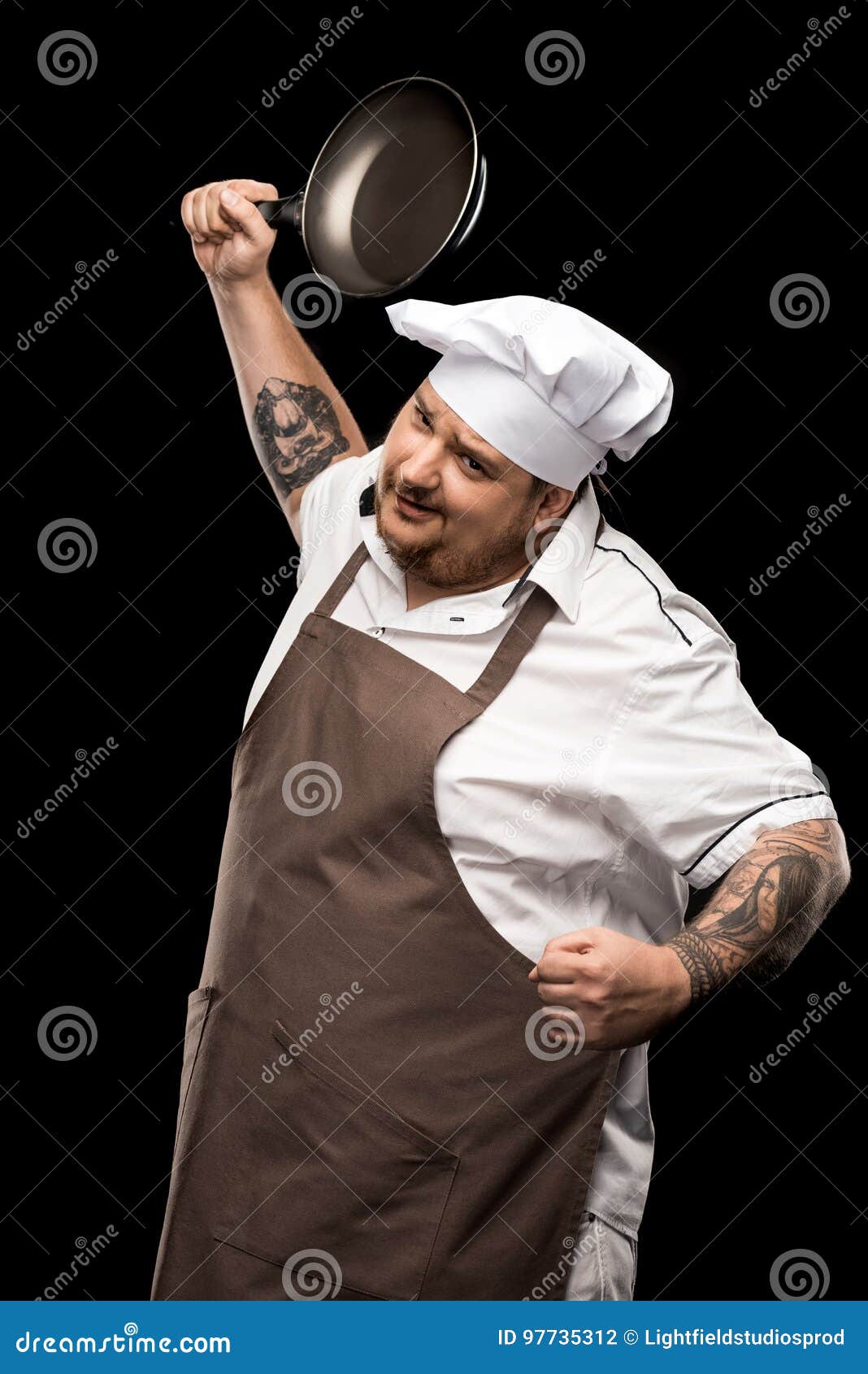 Depressed Young Chef in Hat and Apron Throwing Frying Pan Stock Photo ...