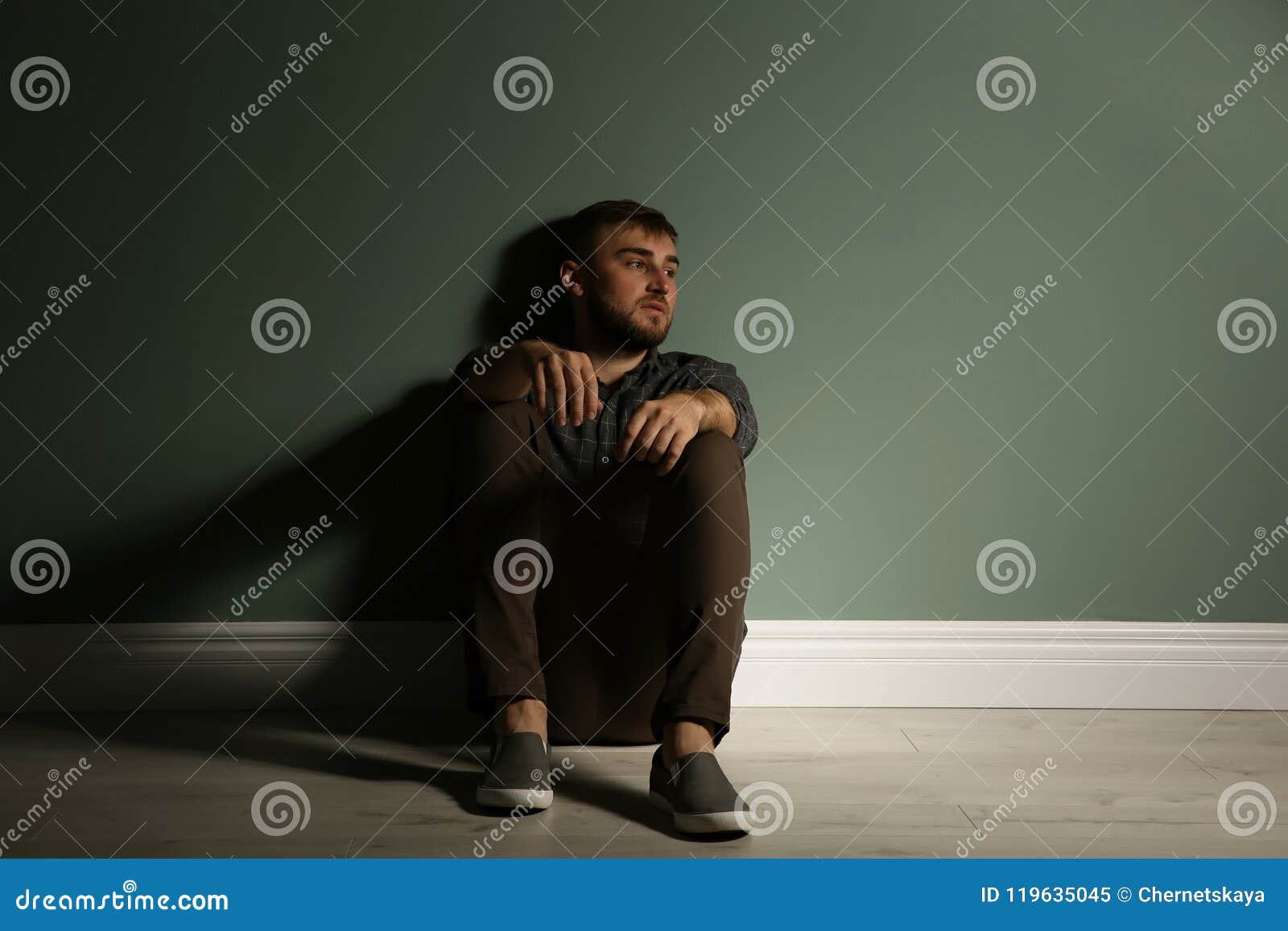 Depressed Young Man Sitting on Floor Stock Image - Image of regret ...
