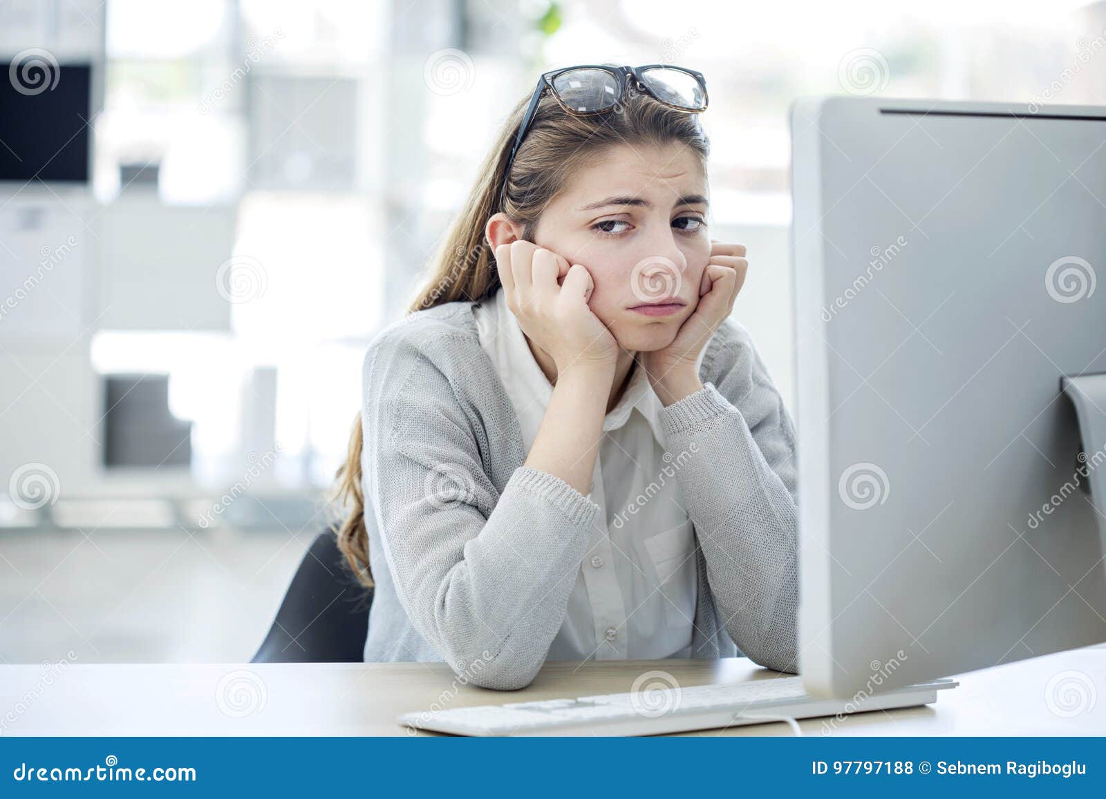 Depressed Young Woman with Computer Stock Photo - Image of table, teen ...