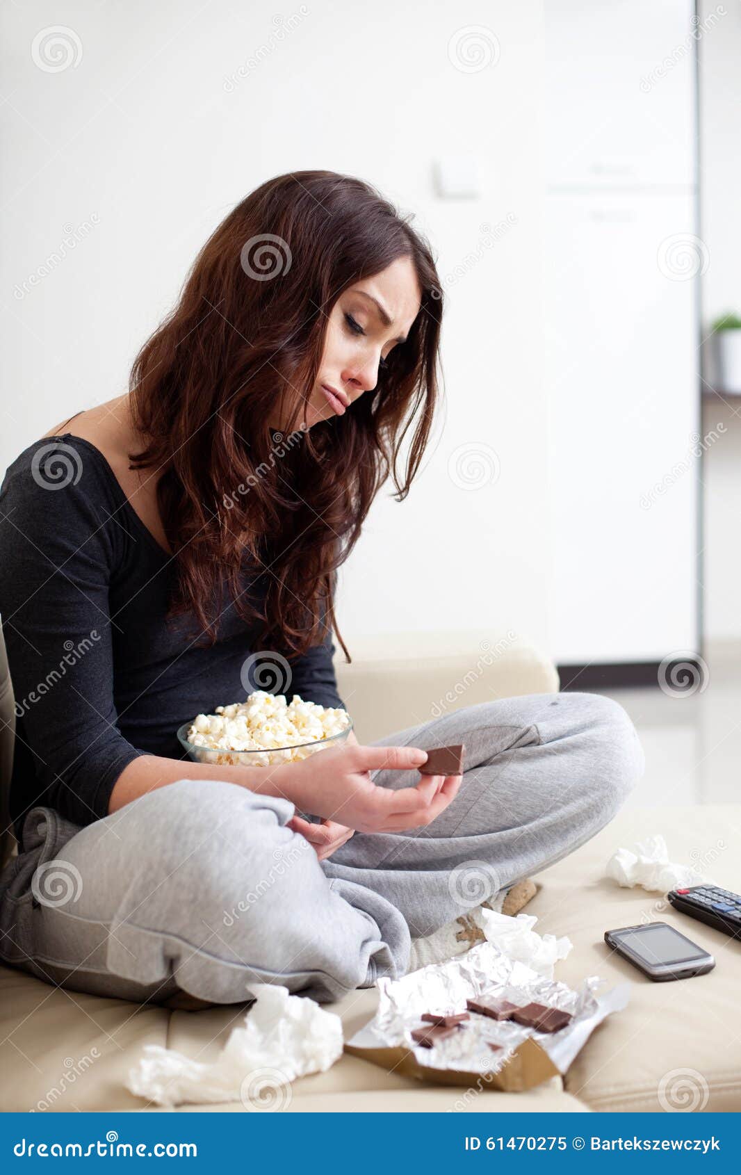 Depressed Young Woman Eating Chocolate Stock Image - Image of watching ...