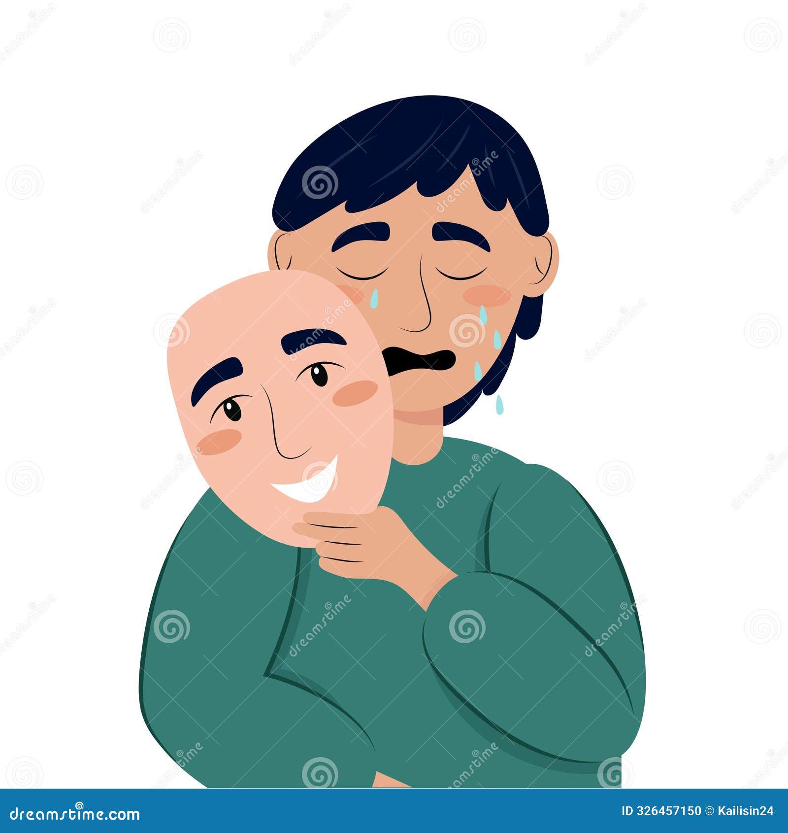 A Crying Young Man with Depression Hides Behind a Mask Depicting a ...