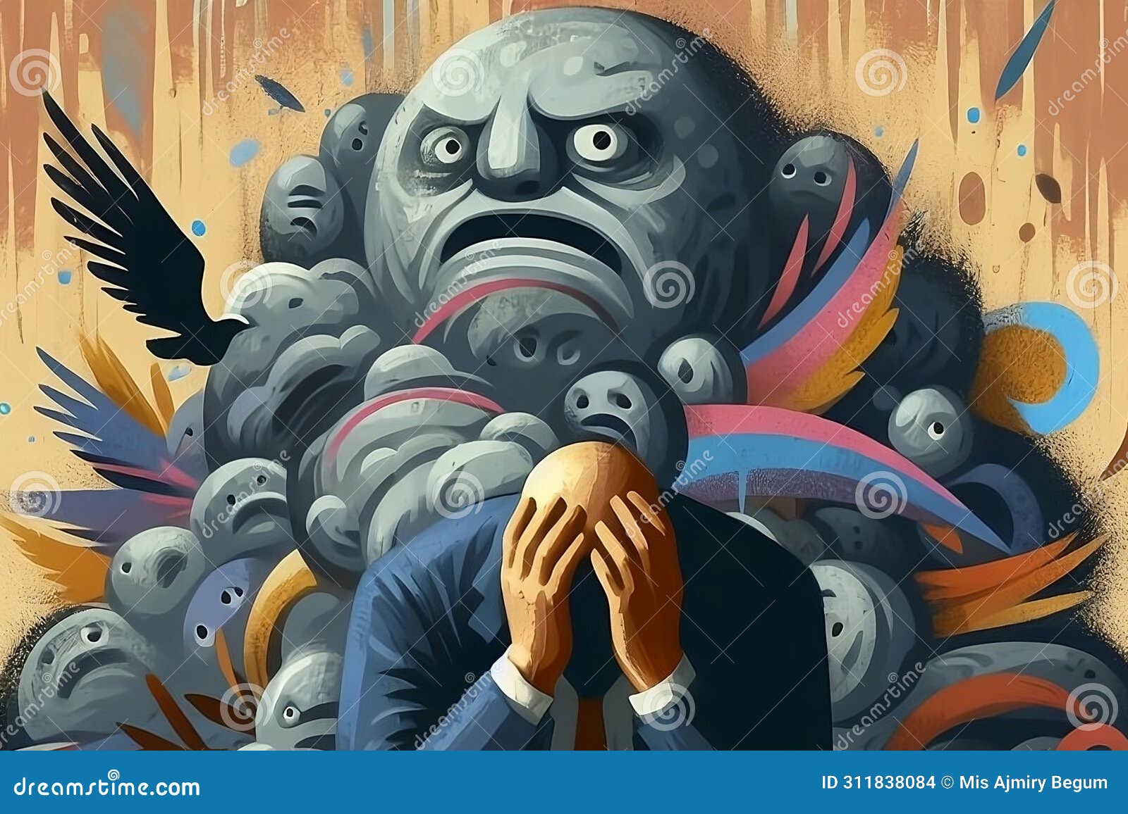 Depression and Anxiety Cartoon Art on Man Character Stock Illustration ...