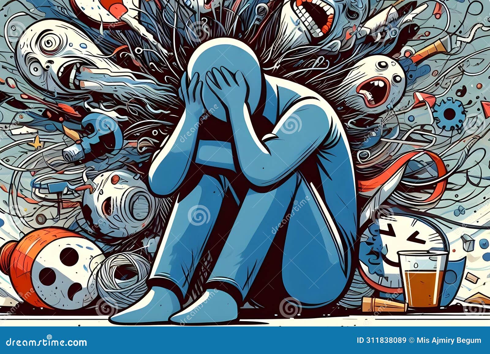 Depression and Anxiety Cartoon Art on Man Character Stock Illustration ...