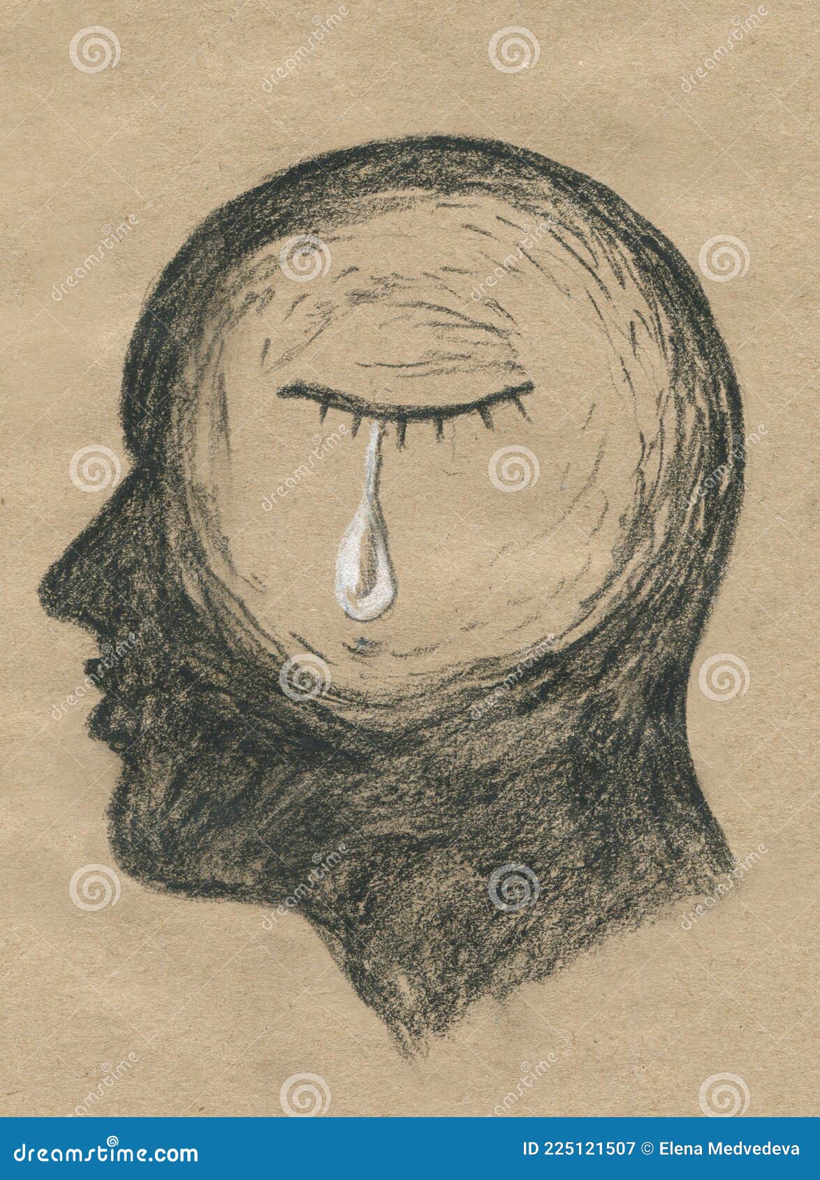 Depression and Misery. Abstract Black Silhouette and Crying. Drawing on ...