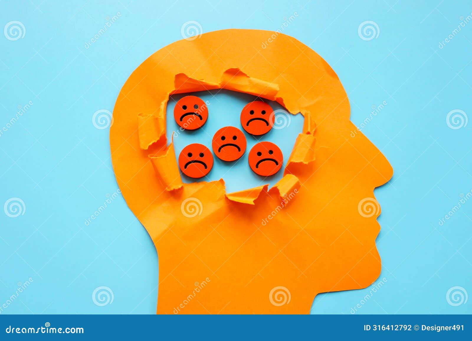 Depression and Sad Thoughts. Torn Paper Head and Sad Emoticons. Stock ...