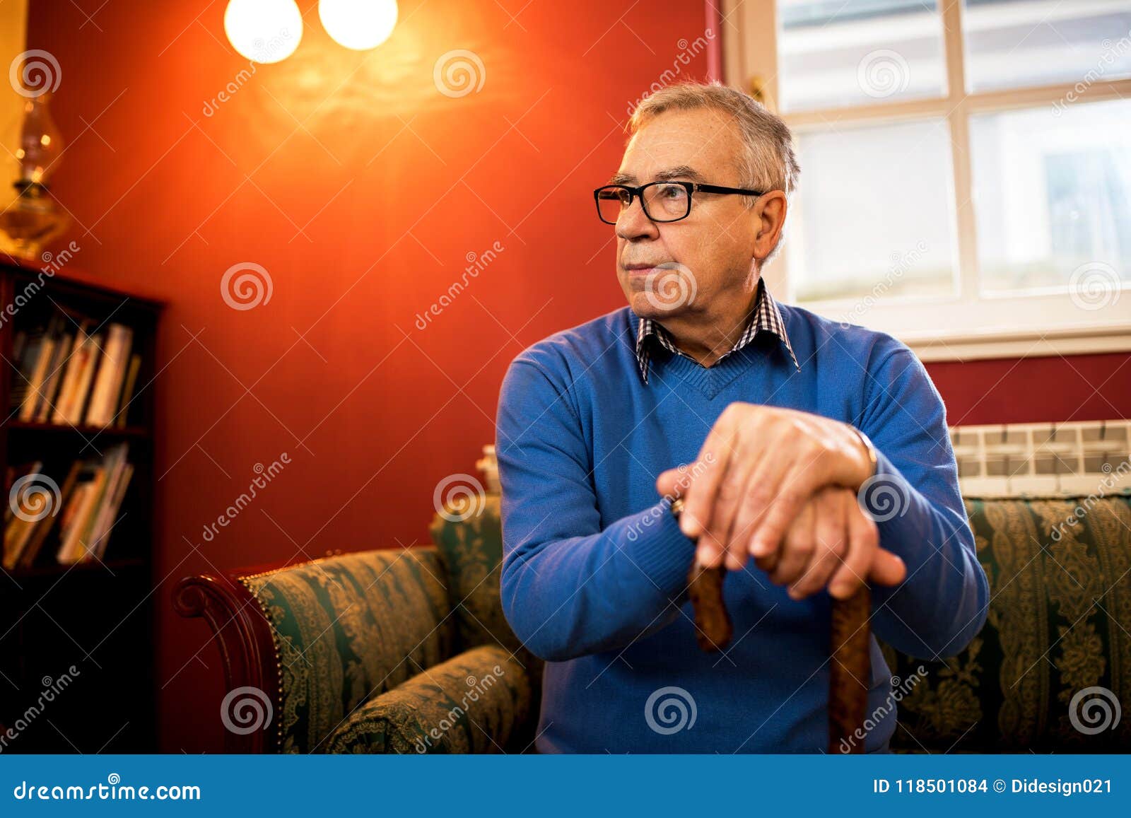 Depression Senior Man with Stick Sitting Alone at Home Stock Photo ...