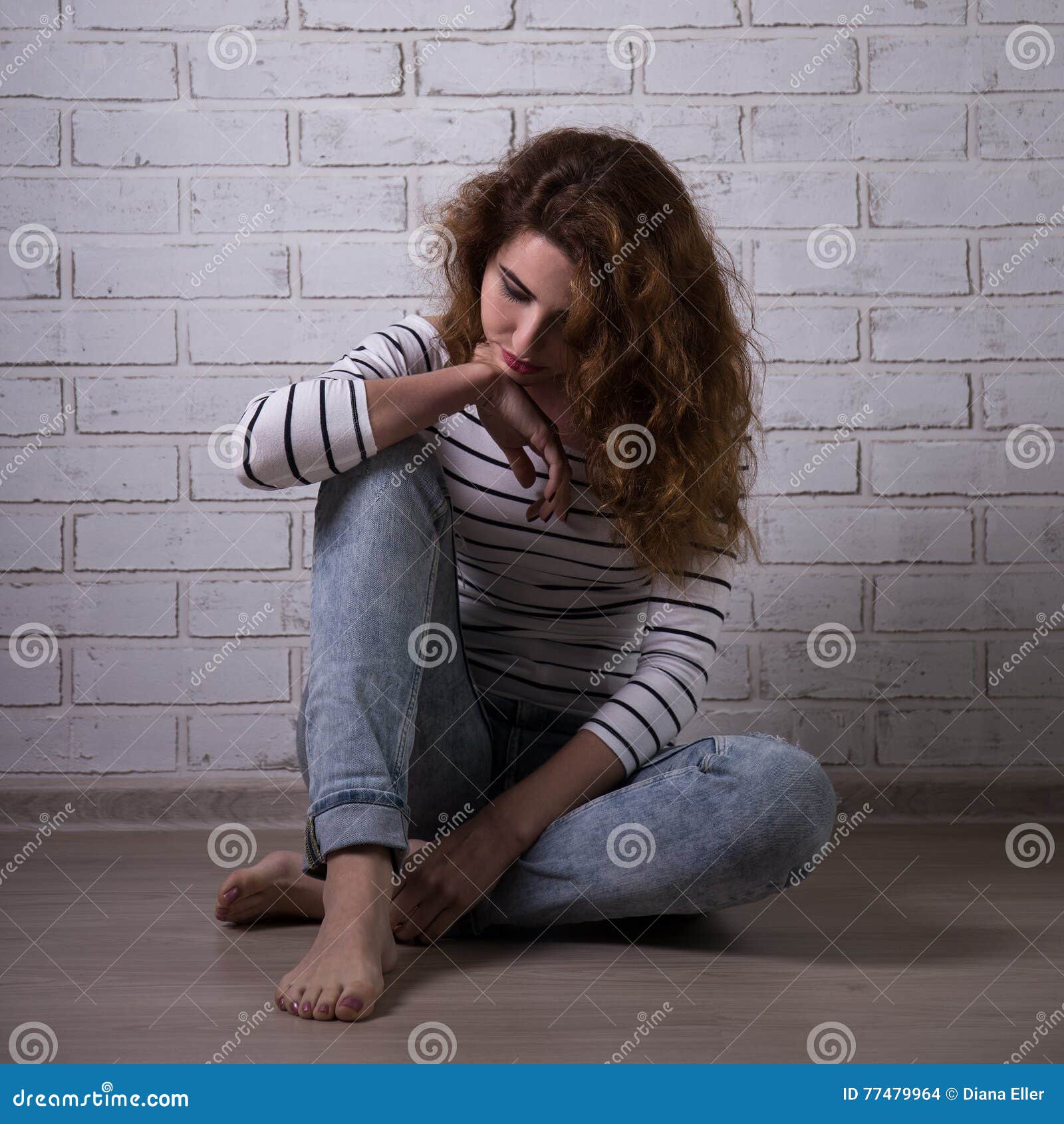 Depression - Unhappy Woman Sitting on the Floor Stock Photo - Image of ...