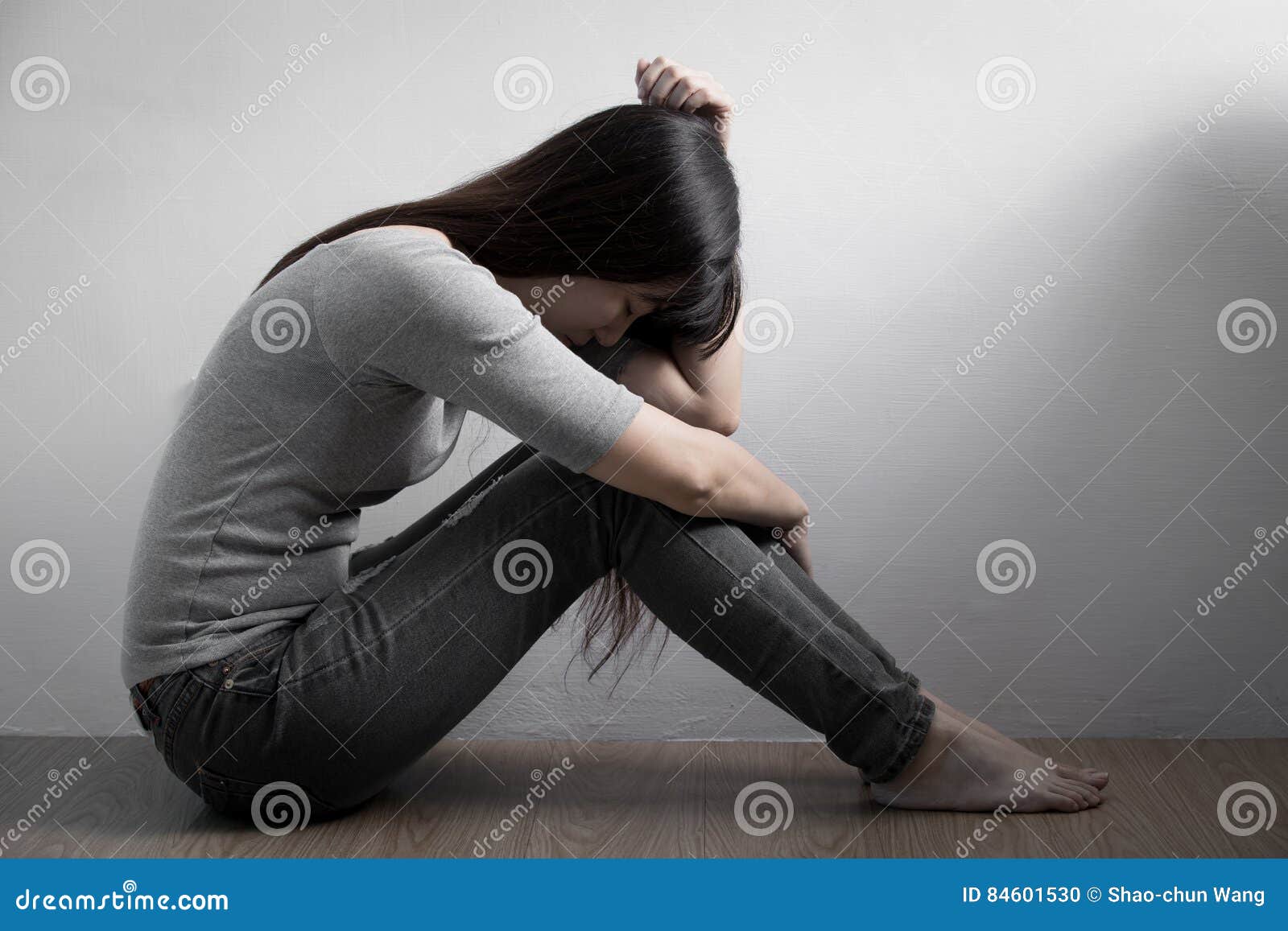 Depression Woman Sit on Floor Stock Photo - Image of house, copy: 84601530