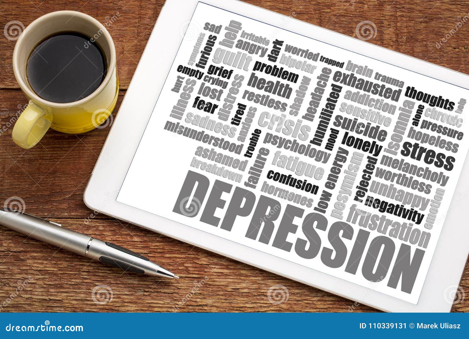 Depression Word Cloud on Tablet with Coffee Stock Image - Image of ...