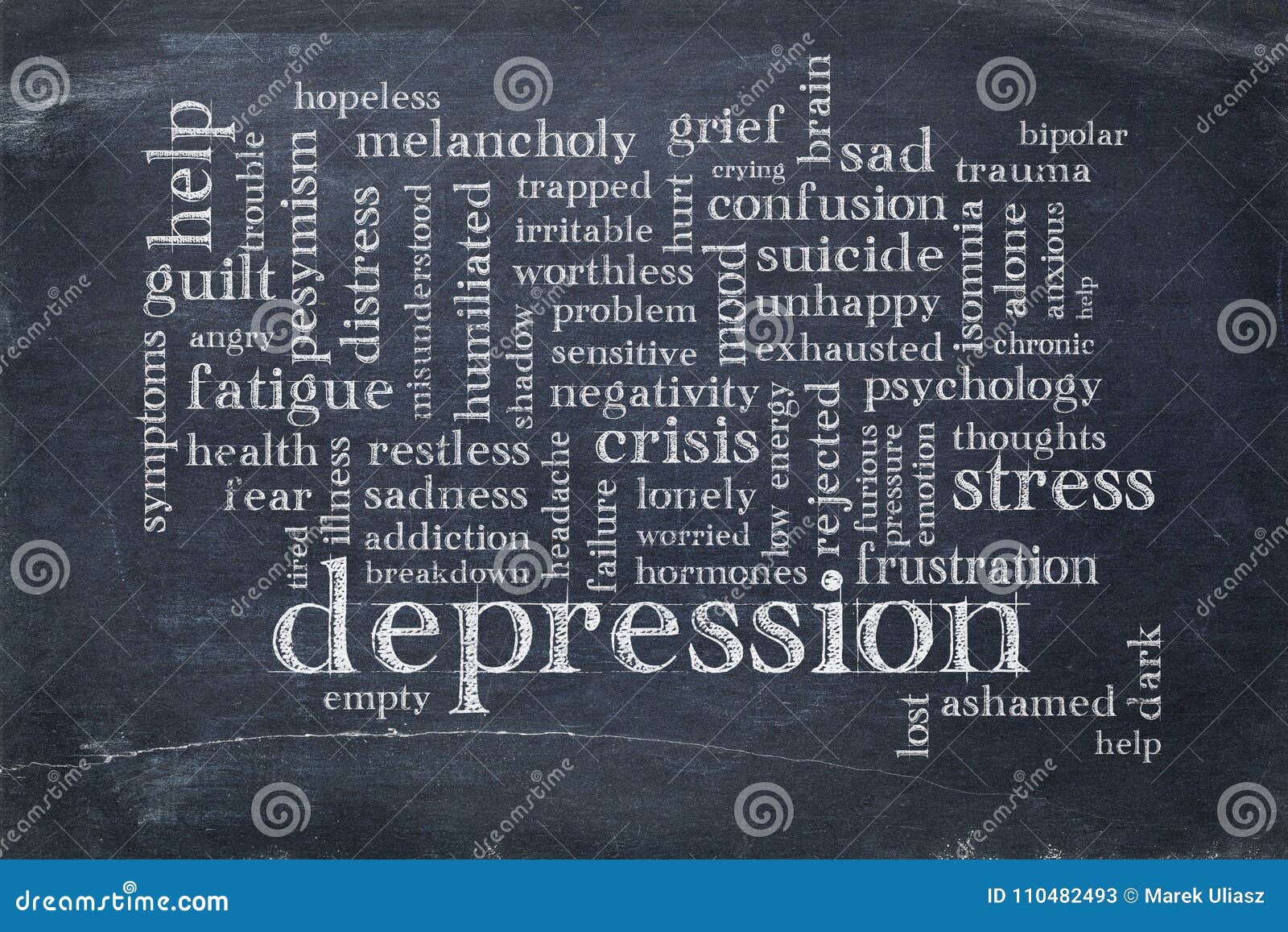 Depression Word Cloud on Blackboard Stock Image - Image of slate ...