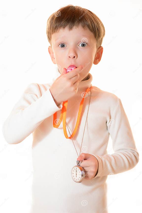 Der Junge Der Trainer Mit Einer Stoppuhr Und Einer Pfeife Stockfoto ...