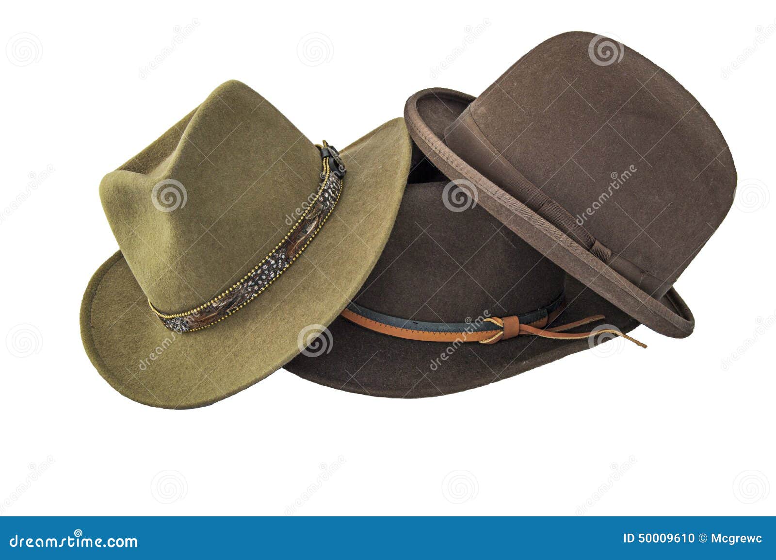 A Derby or Bowler, and Two Outback Style Hats Isolated on White Stock ...
