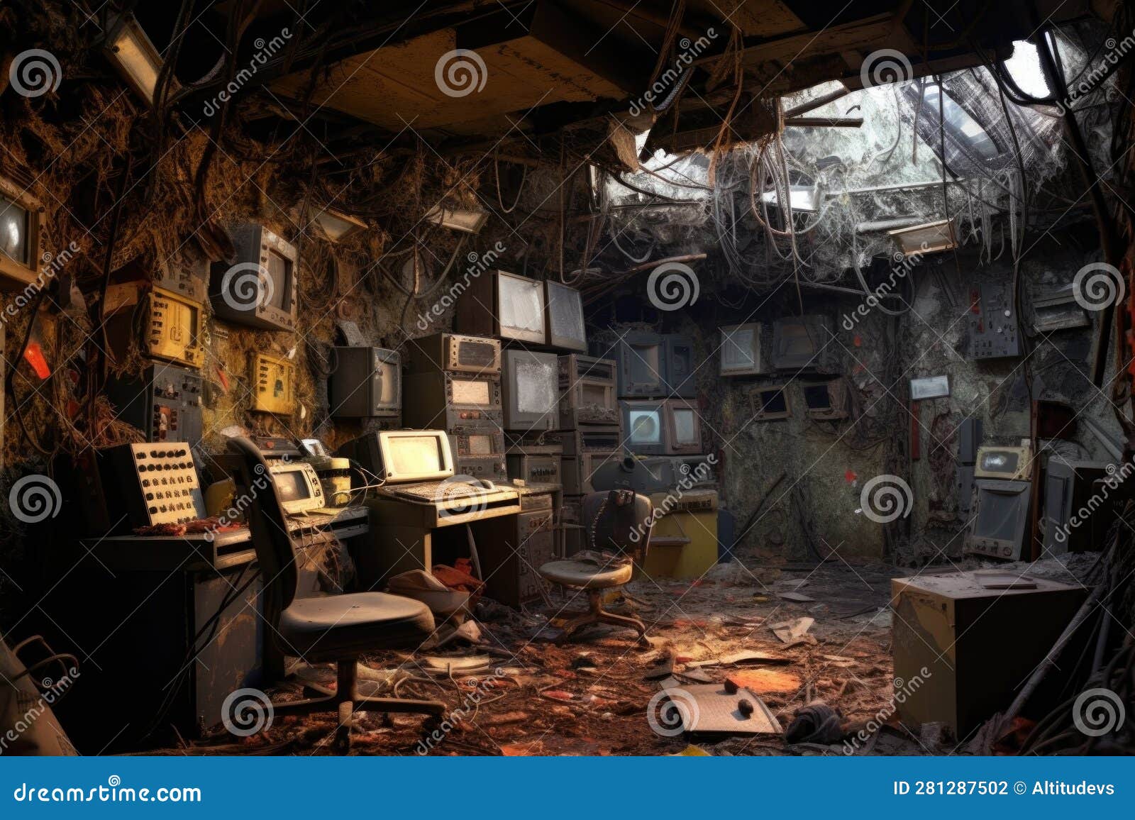 Derelict Control Room Filled with Debris Stock Illustration ...