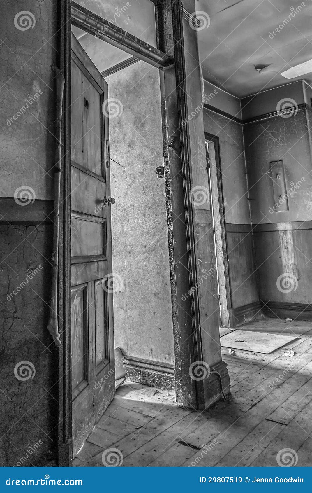 Derelict door in corridor stock image. Image of light - 29807519