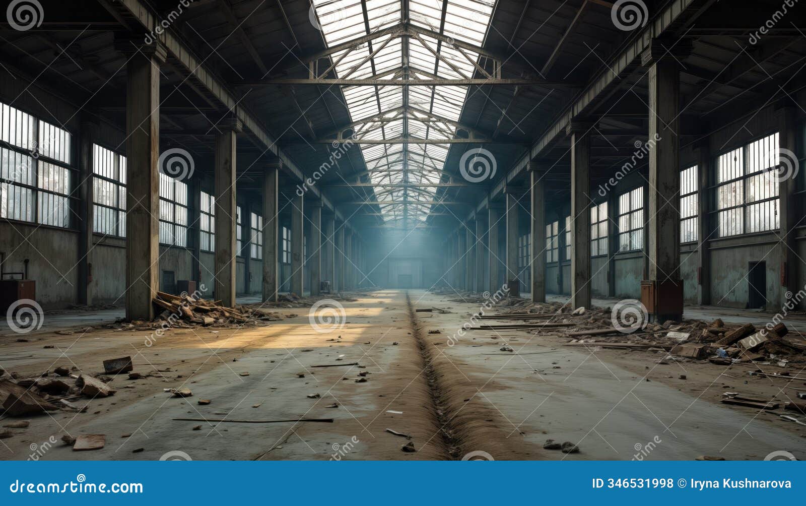 Derelict Industrial Warehouse Interior. Ruined Building. Decayed ...