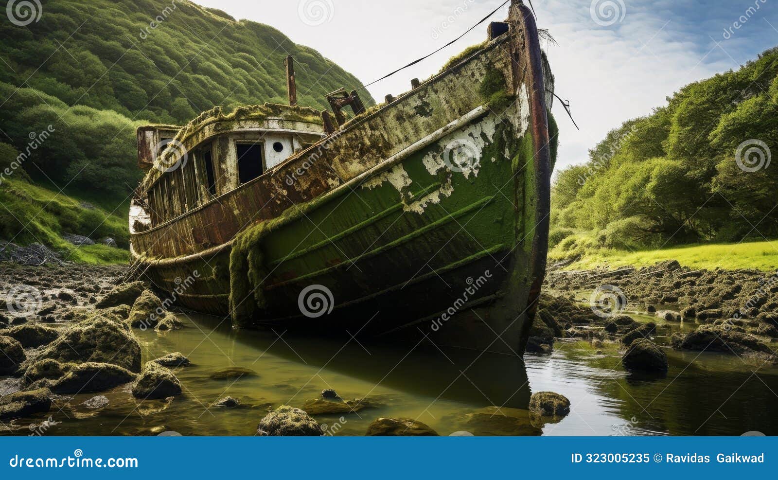 Derelict Moss-covered Shipwreck, Forgotten Vessel Stock Illustration ...