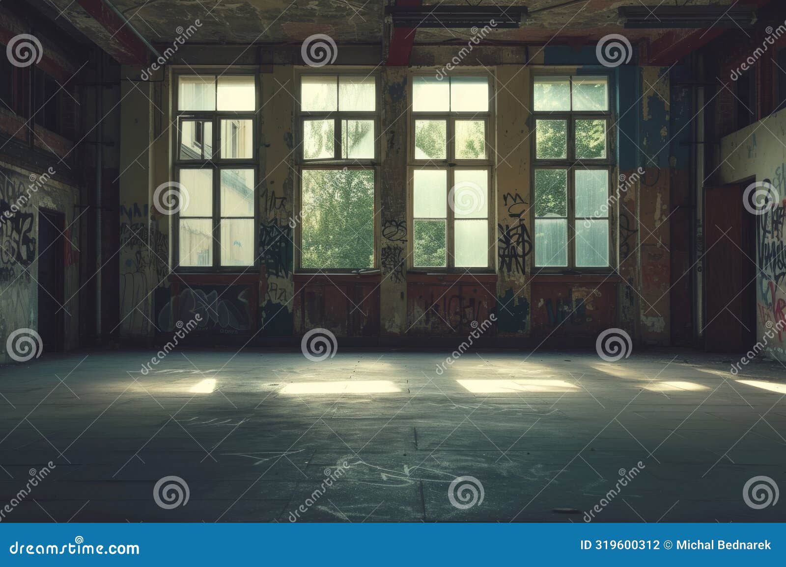 Derelict Room With Graffiti And Sunlight Through Windows Royalty-Free ...
