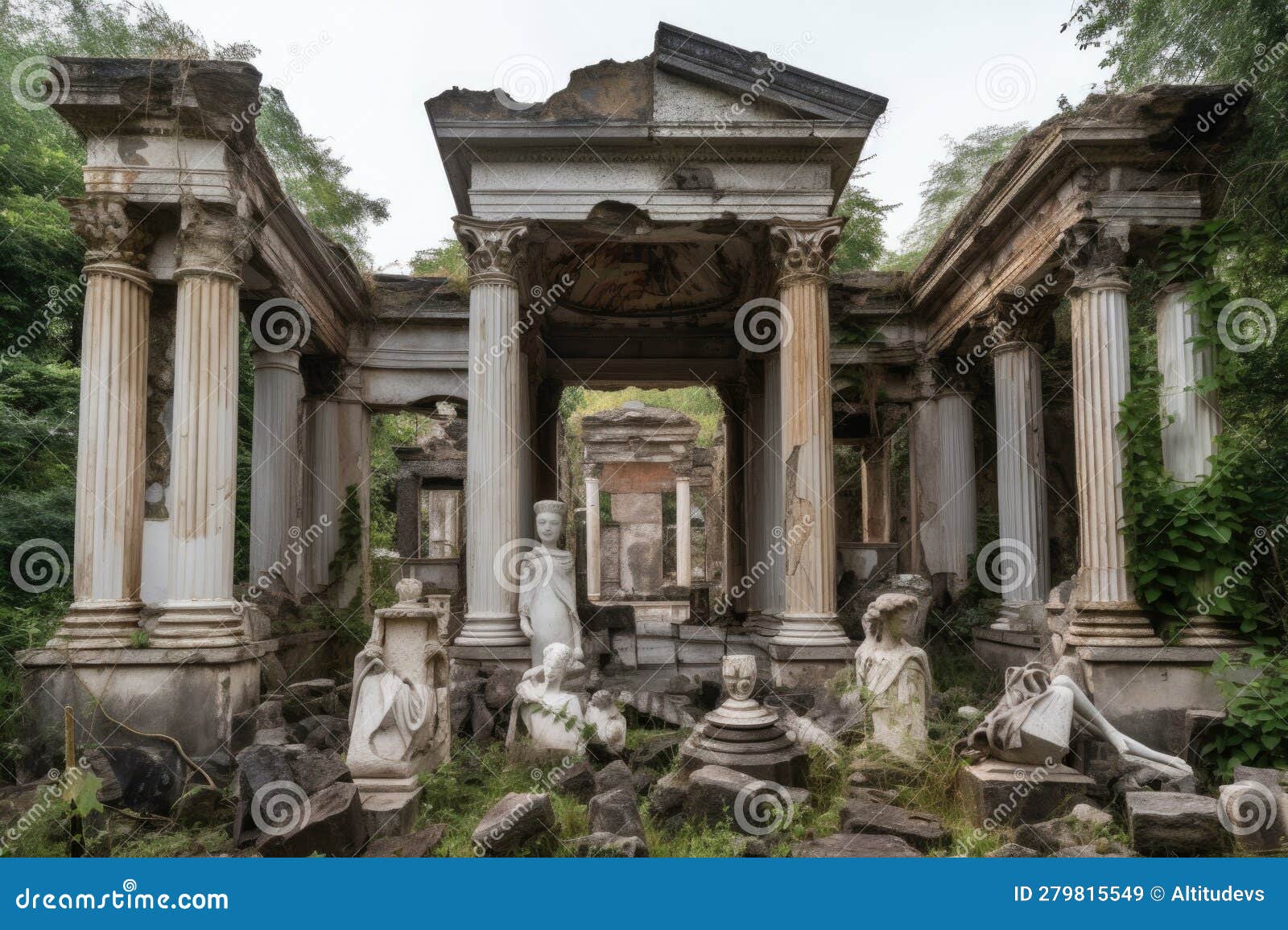 Derelict Temple with Broken Columns and Toppled Statues Stock ...