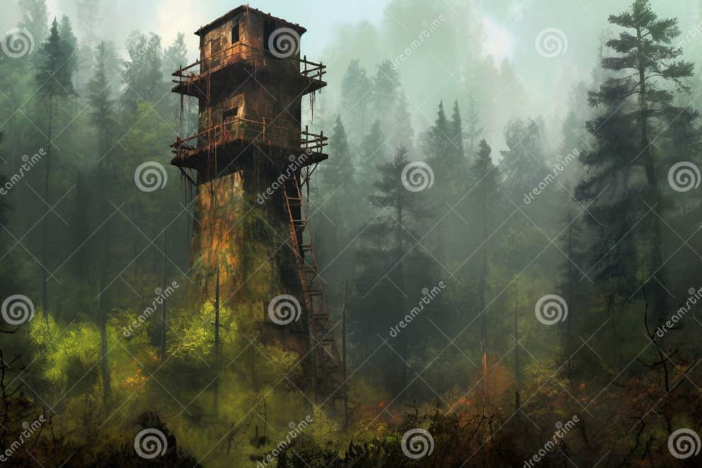 Derelict Watchtower Overlooking Forest Stock Illustration ...
