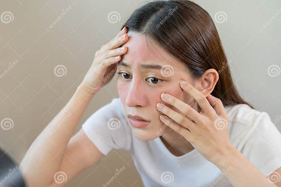 Dermatology Puberty Asian Young Woman Girl Looking Into Mirror