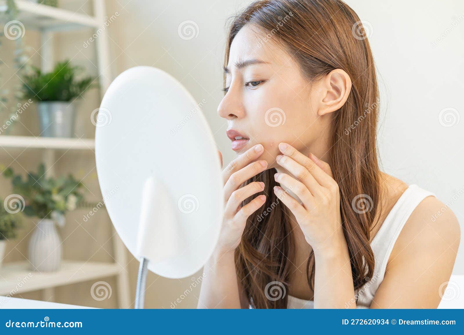 Dermatology Puberty Asian Young Woman Girl Looking Into Mirror