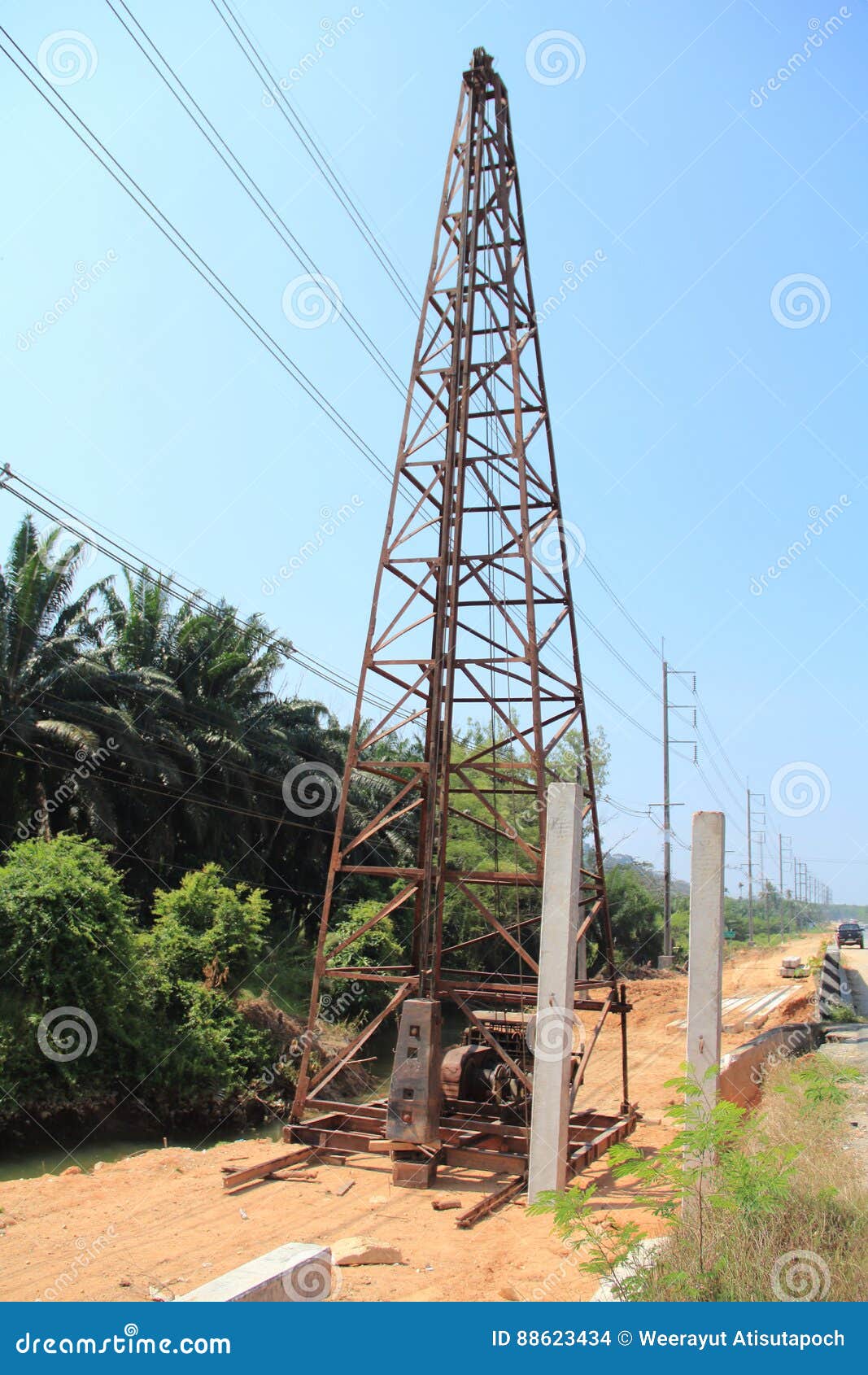Derrick for pile driving stock photo. Image of materials - 88623434