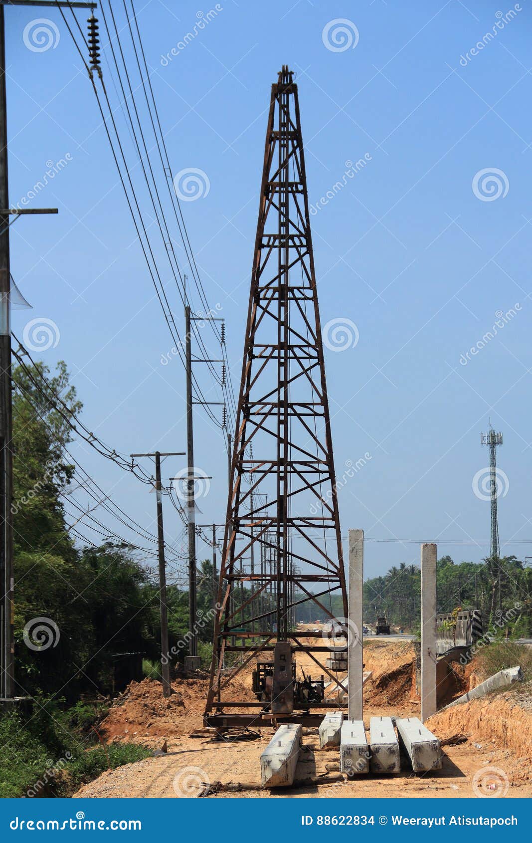 Derrick for pile driving stock photo. Image of infrastructure - 88622834
