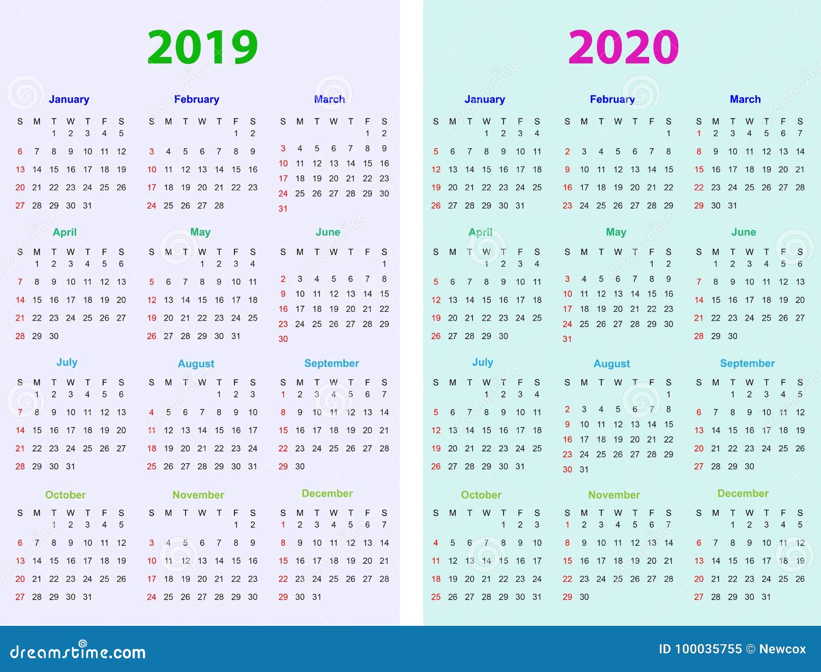 12 Des Kalender-Monate Designs 2019-2020 Vektor Abbildung ...