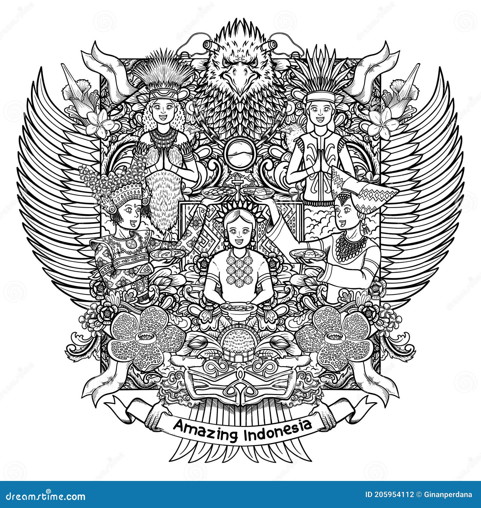 Indonesian Females with Amazing Culture on Garuda Handdrawing Outline ...