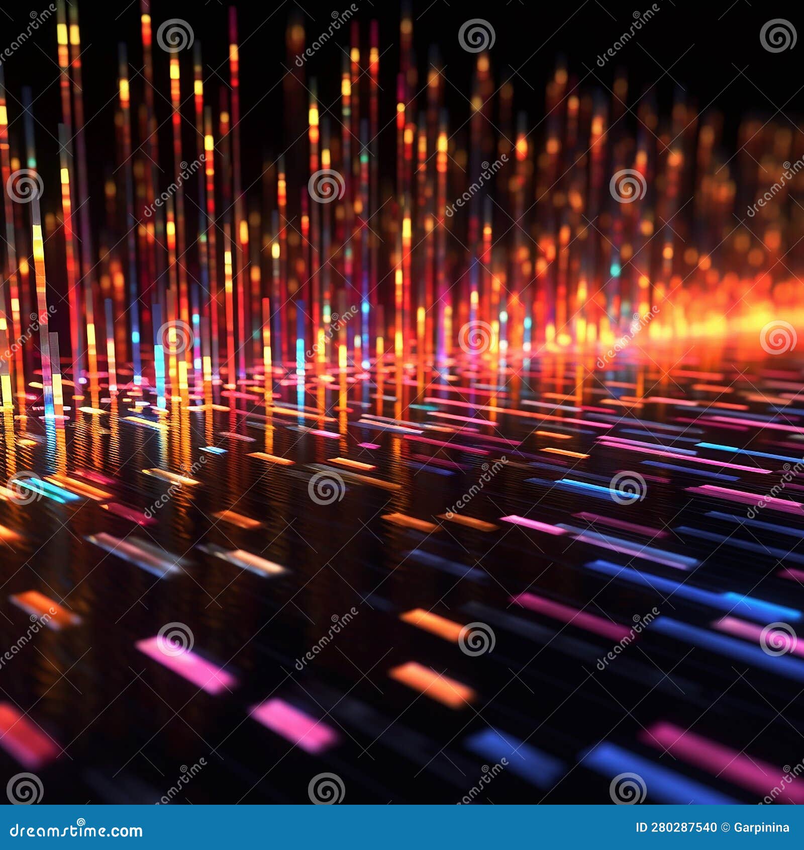 Descending Colored Beams of Light, Data Reflected Off a Dark Wet ...