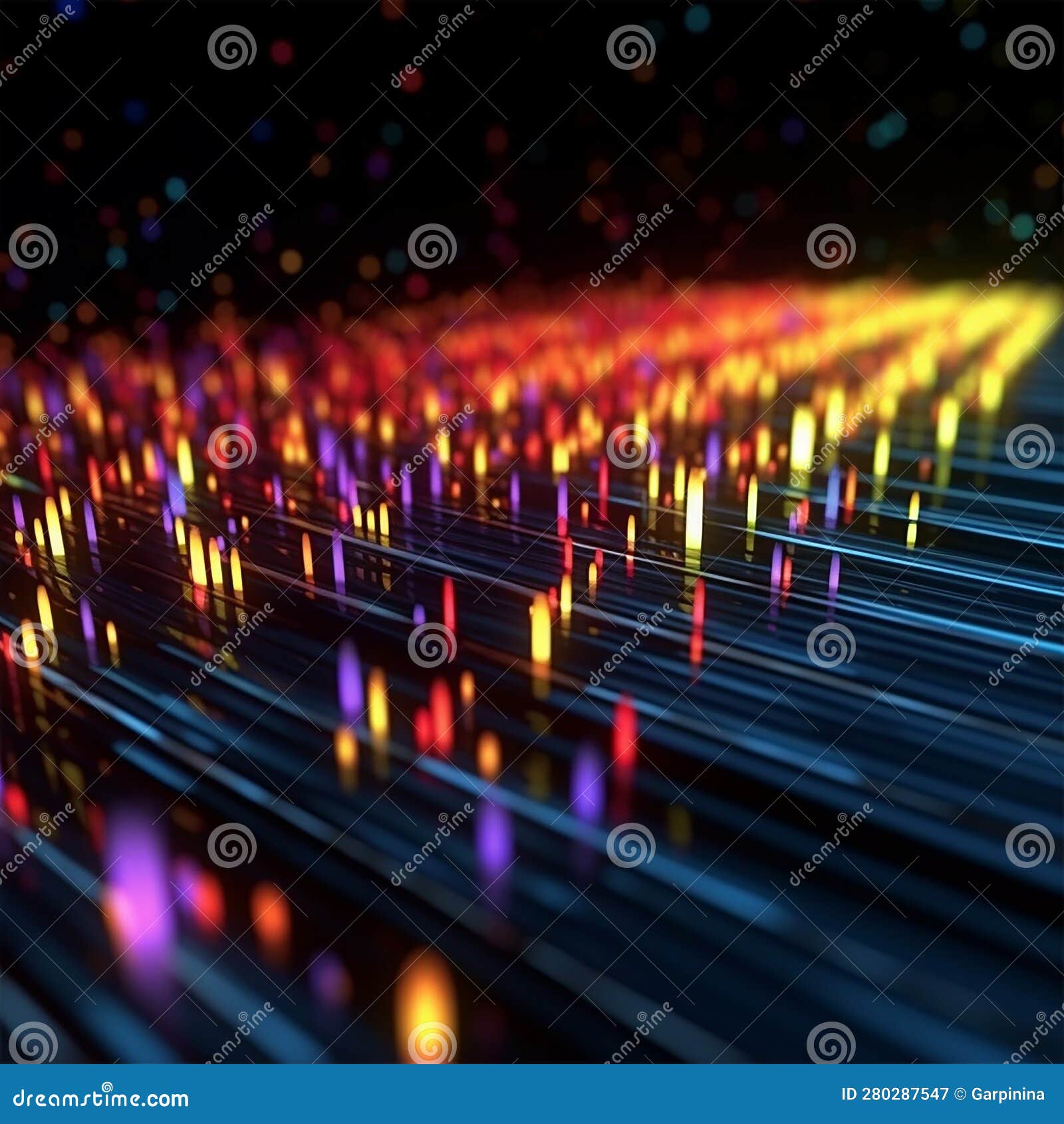 Descending Colored Beams of Light, Data Reflected Off a Dark Wet ...