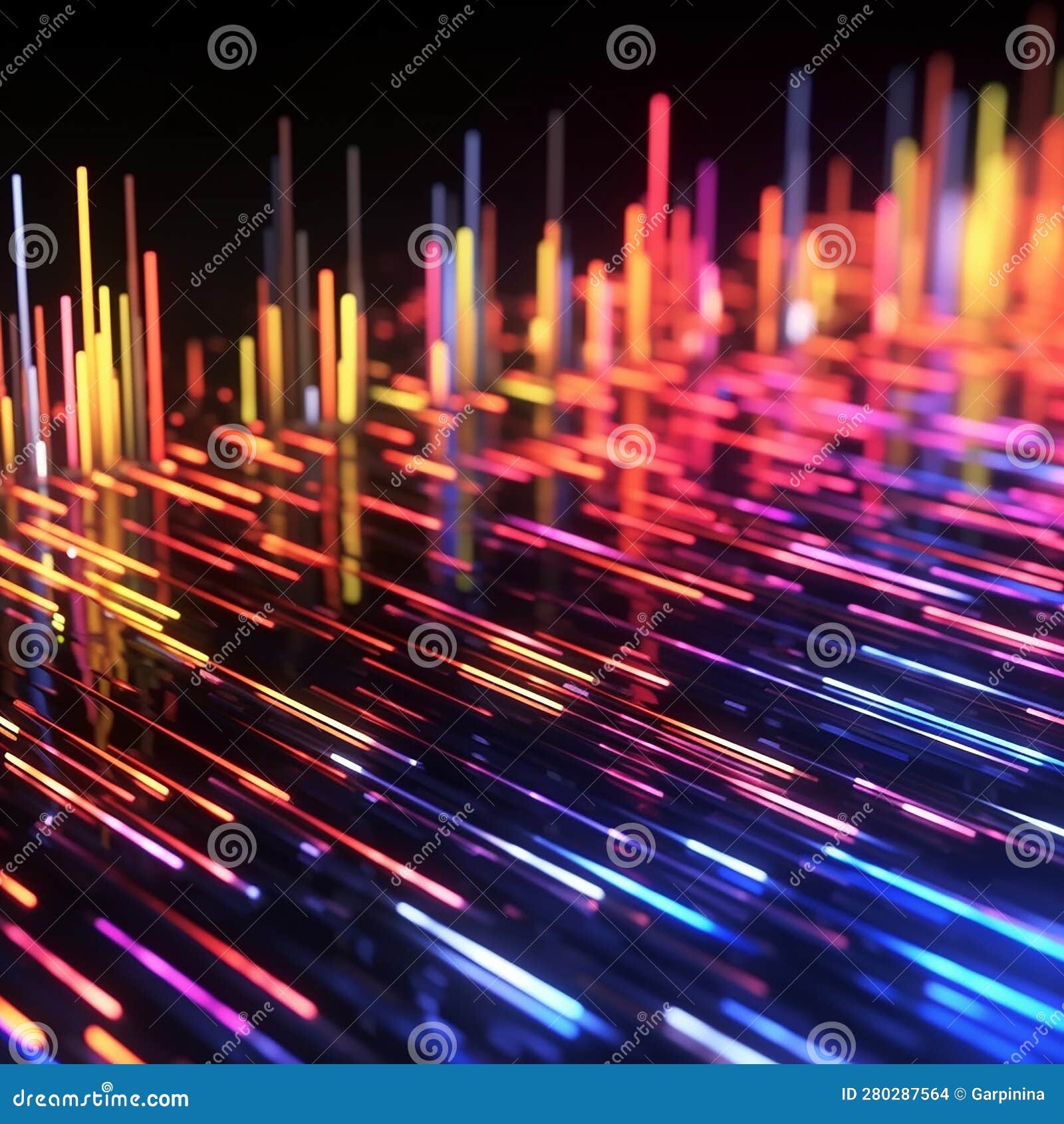 Descending Colored Beams of Light, Data Reflected Off a Dark Wet ...