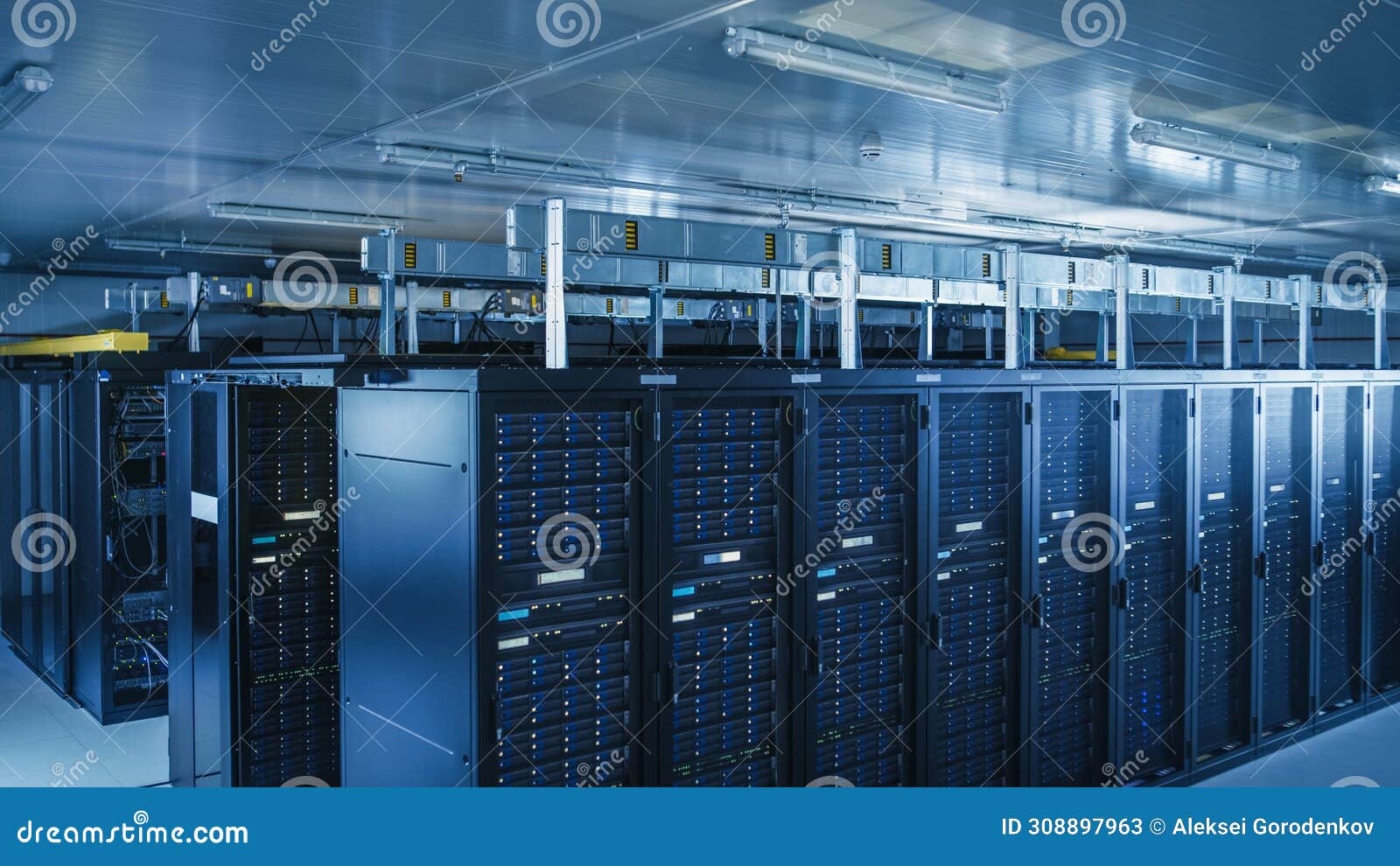 Descending Shot of Modern Data Center with Multiple Rows of Operational ...