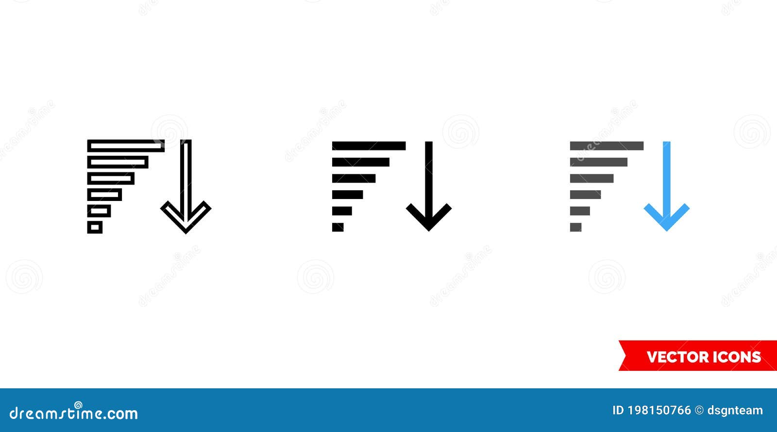 Descending Sorting Icon of 3 Types Color, Black and White, Outline ...