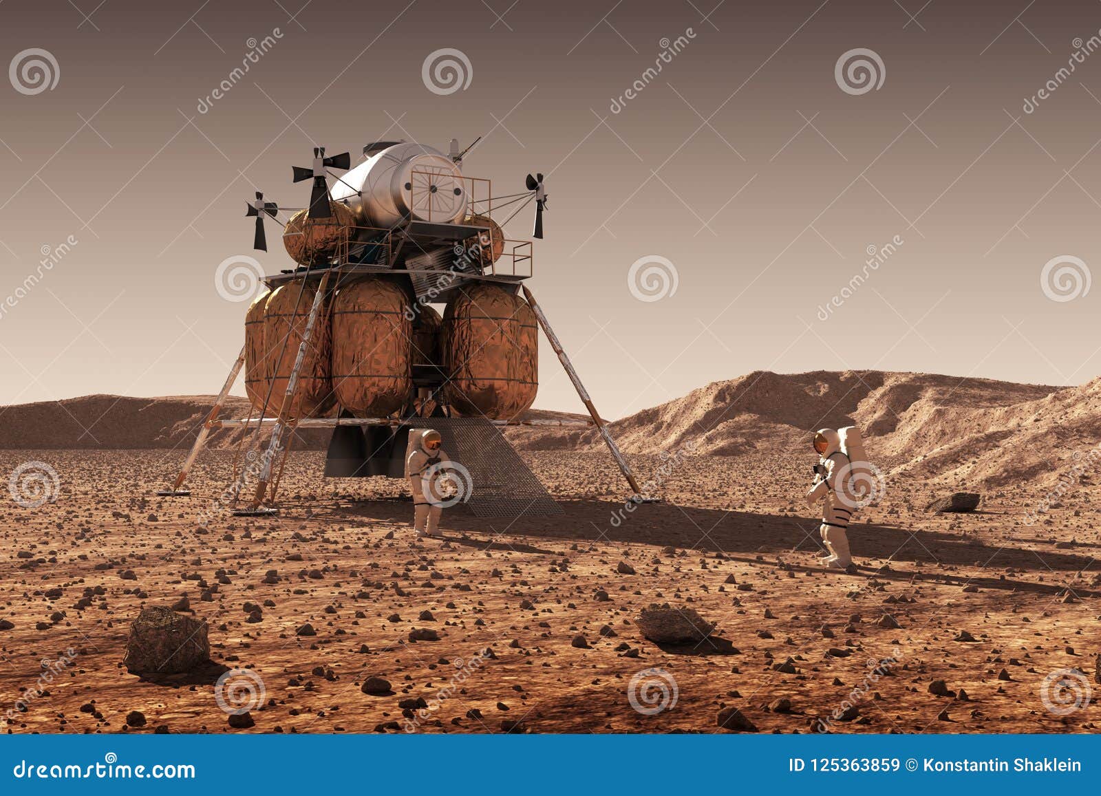 Descent Module of Interplanetary Space Station and Astronauts on ...