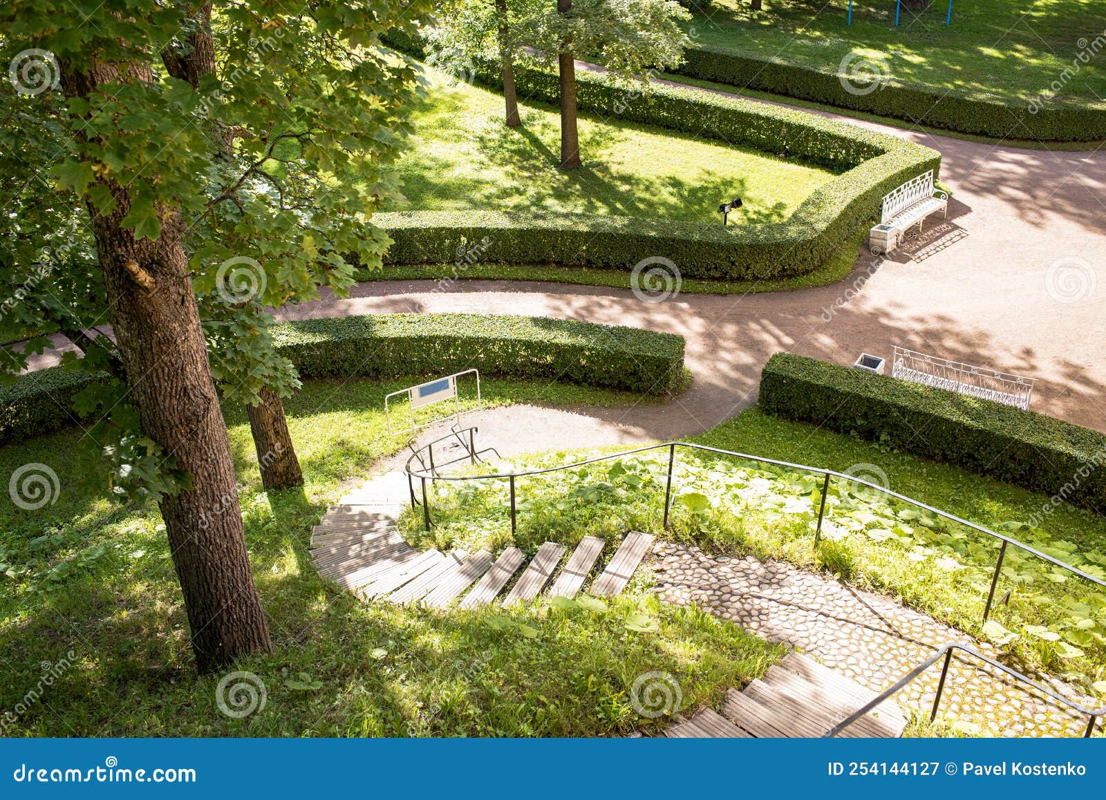 Descent with Steps , Trees and Green Grass in the Park. Stock Image ...
