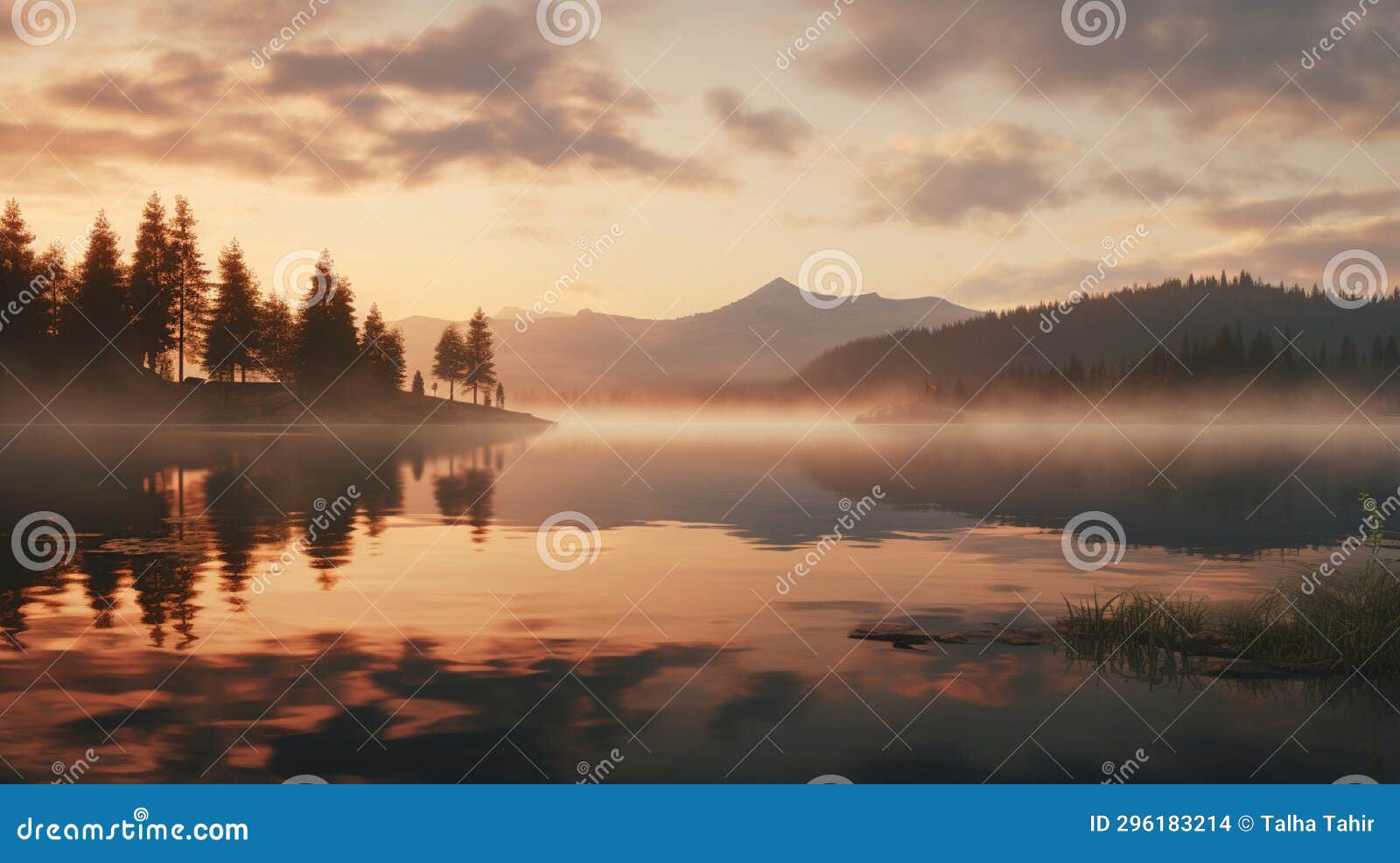 A Serene Lakeside Scene at Dawn Stock Illustration - Illustration of ...