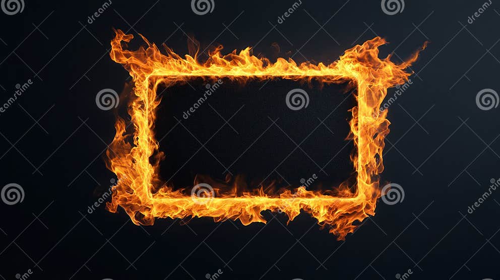 Burning Flames in Rectangular Frame Isolated on Black Background Stock ...